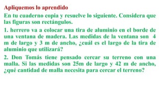 PERÍMETRO Y ÁREA De las figuras rectangulares para cuarto grado | PDF