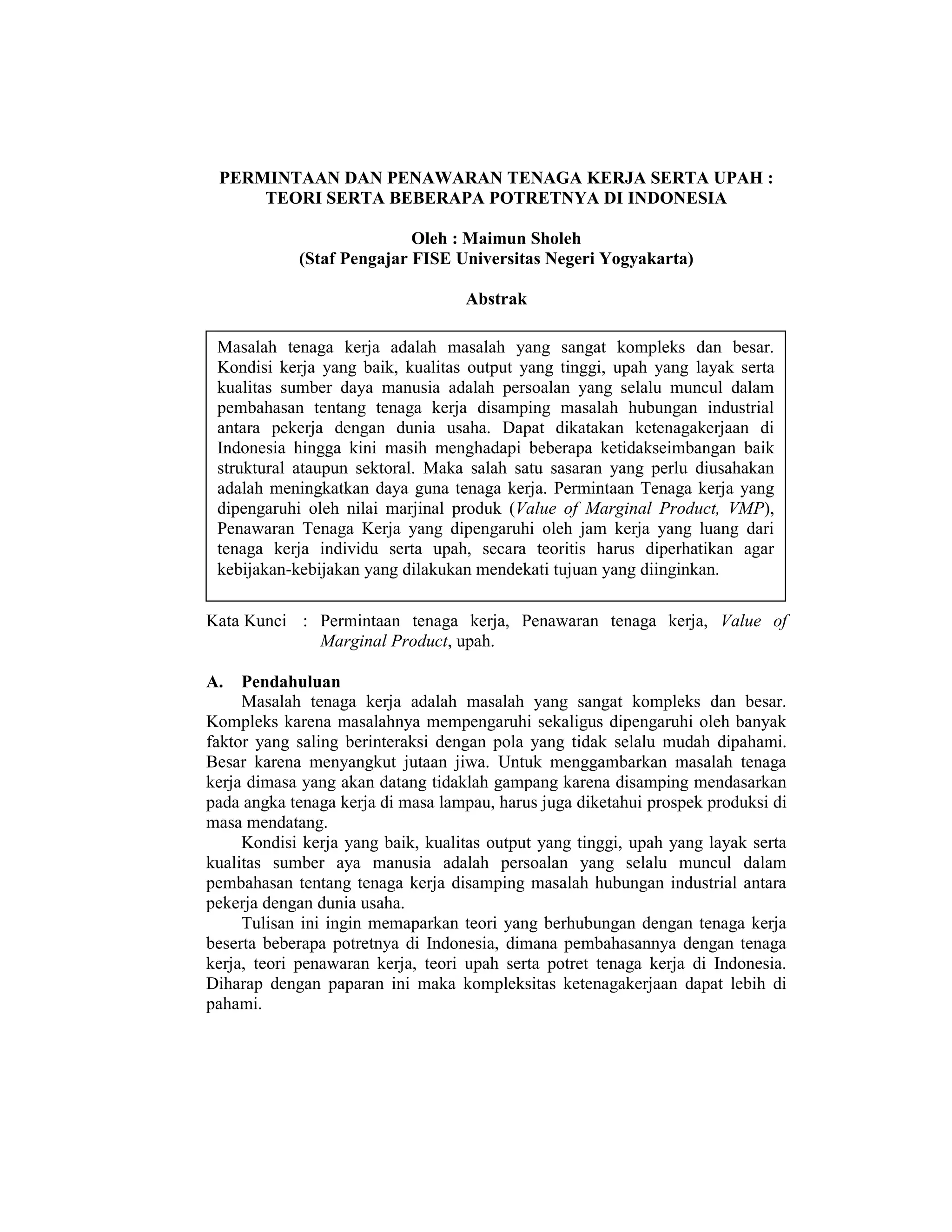 Permintaan dan penawaran tenaga kerja serta upah teori serta beberapa potretnya di indonesia | PDF