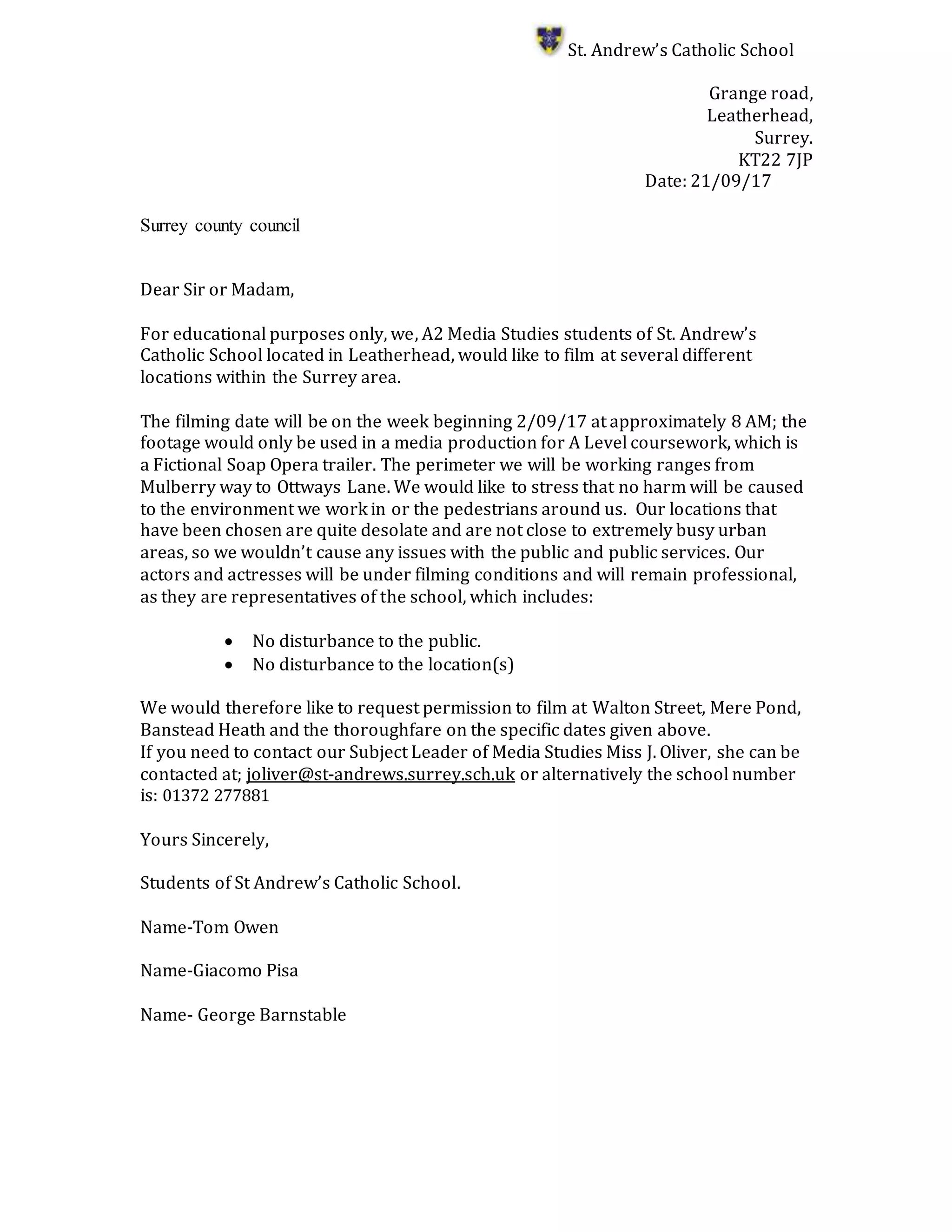 Permission for filming letter | DOCX