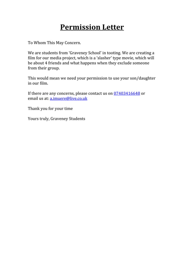 Permission For Student Slasher Film PDF Permission For Student Slasher Film PDF