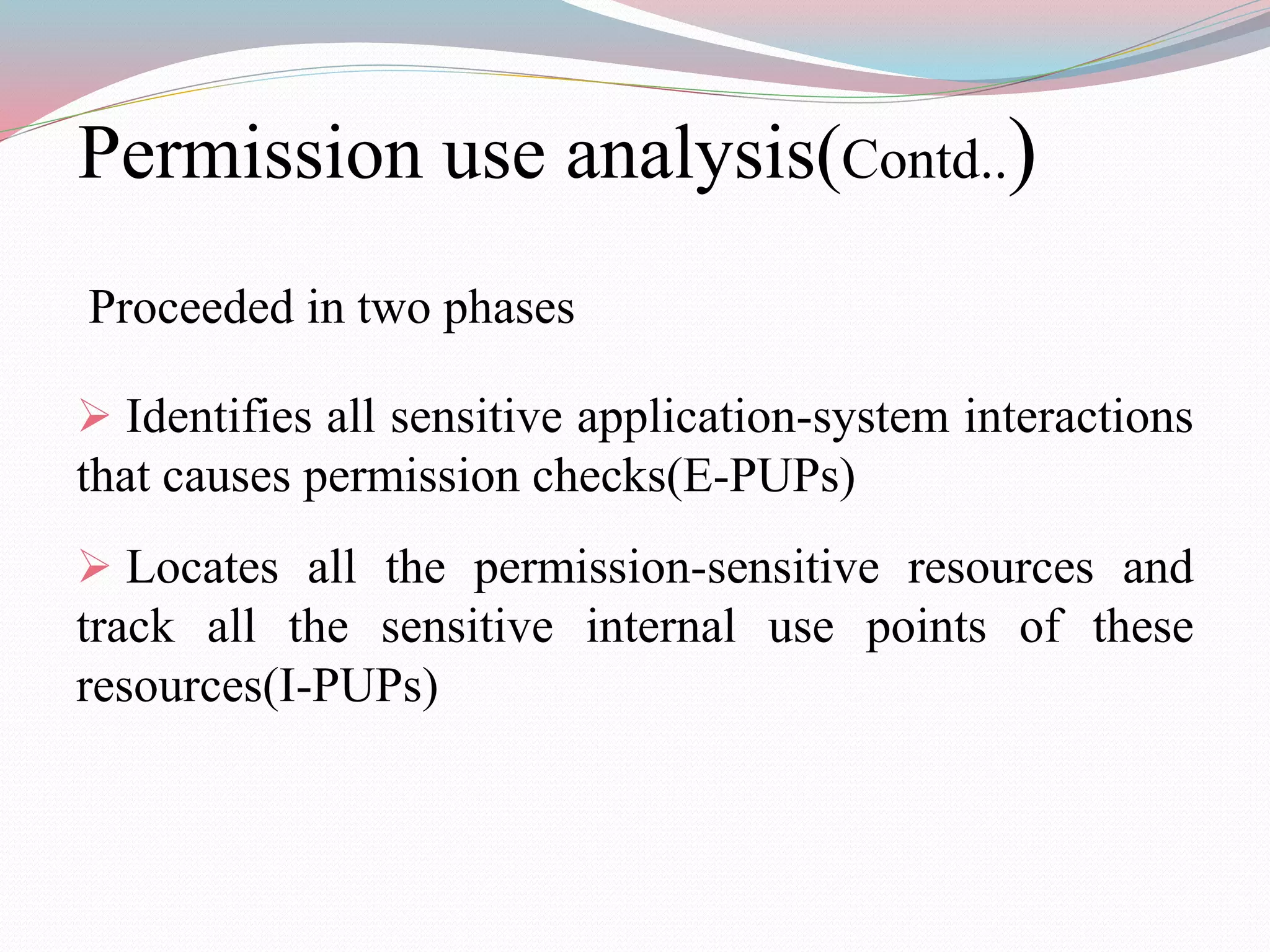 Permission use analysis for vetting undesirable behavior in | PPT