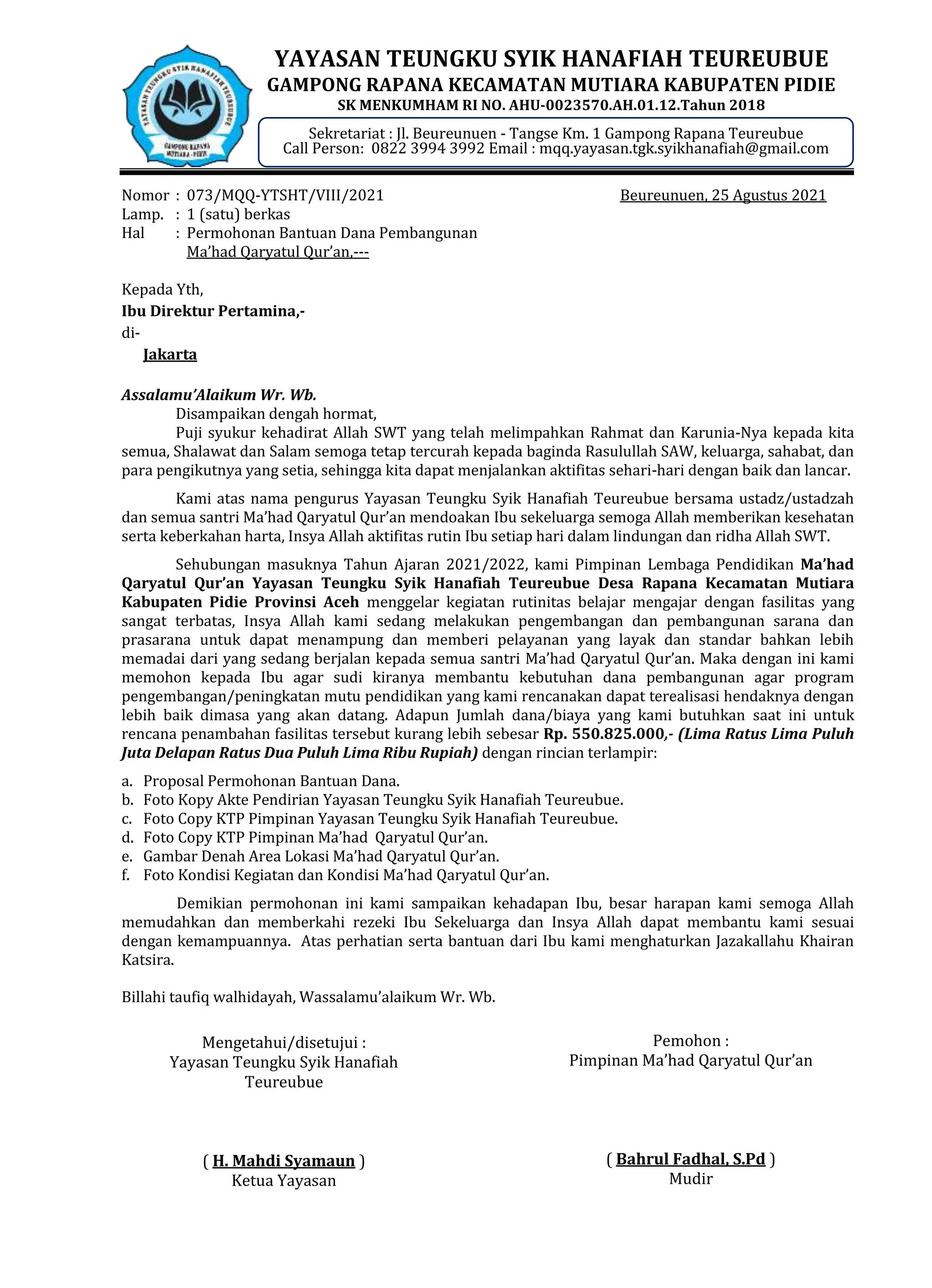 Permohonan Pembangunan Gedung Sekolah Pesantren Ma'had Qaryatul Qur'an ...