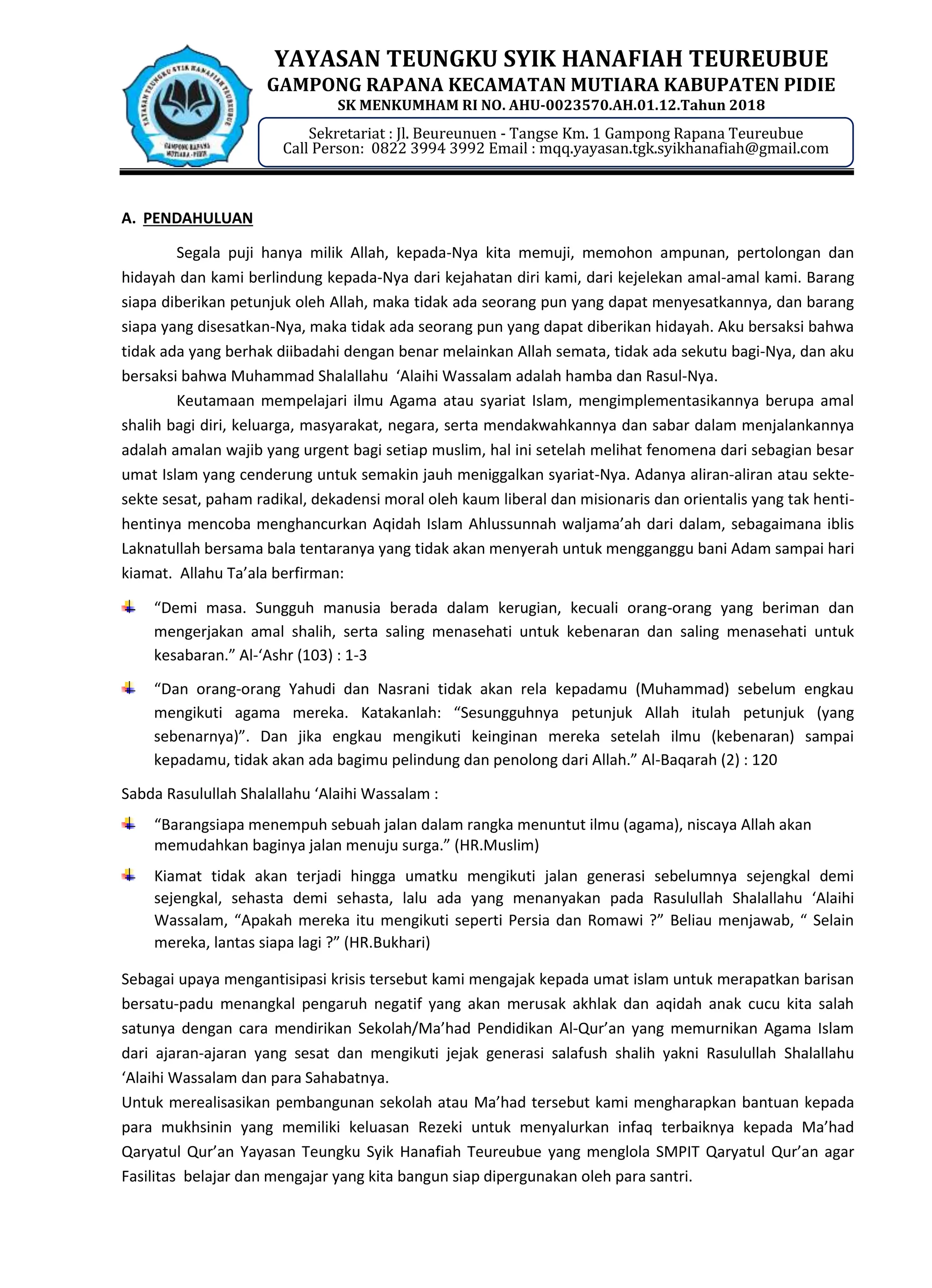 Permohonan Pembangunan Gedung Sekolah Pesantren Ma'had Qaryatul Qur'an ...