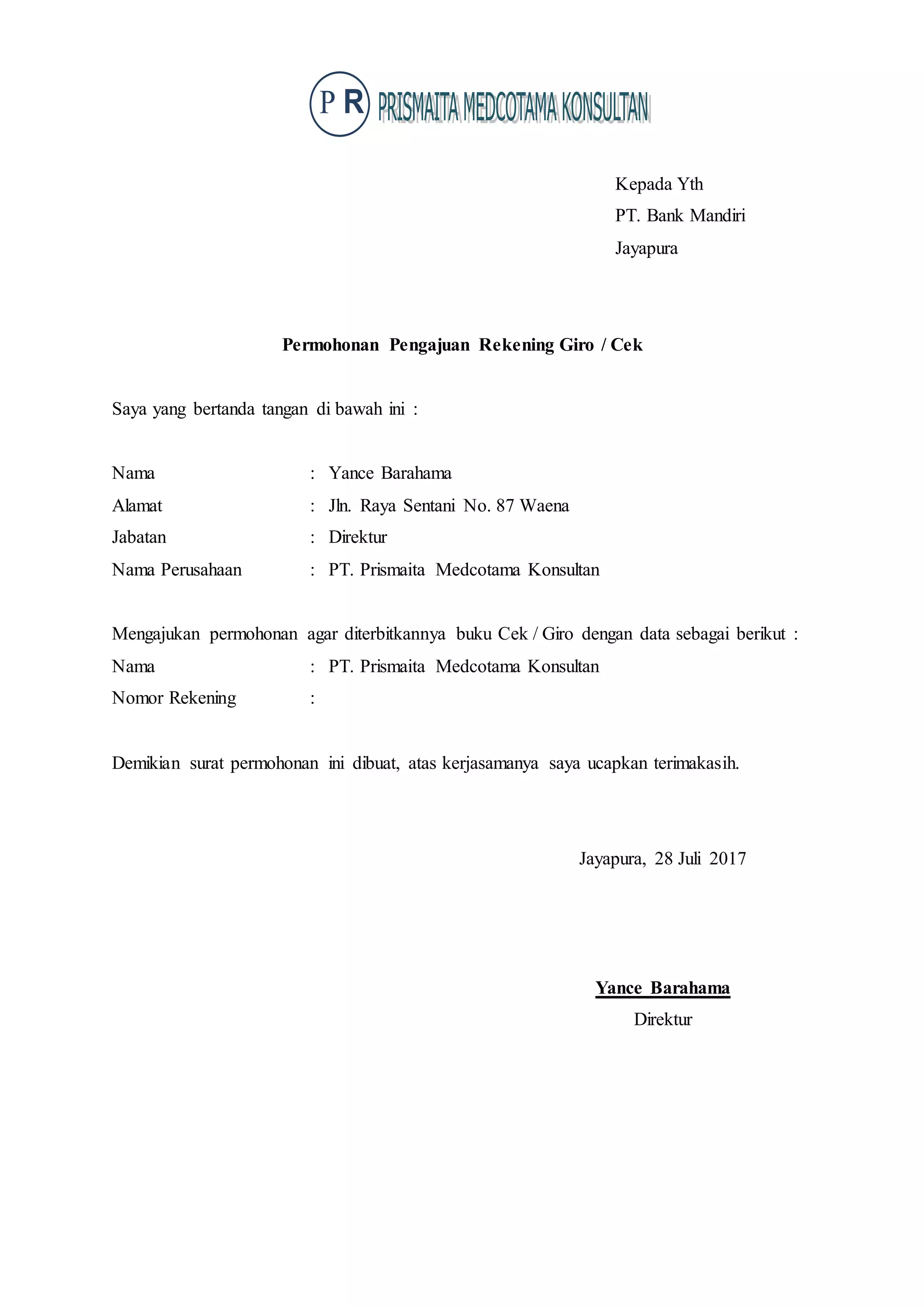 Permohonan pembukaan rek giro | DOCX