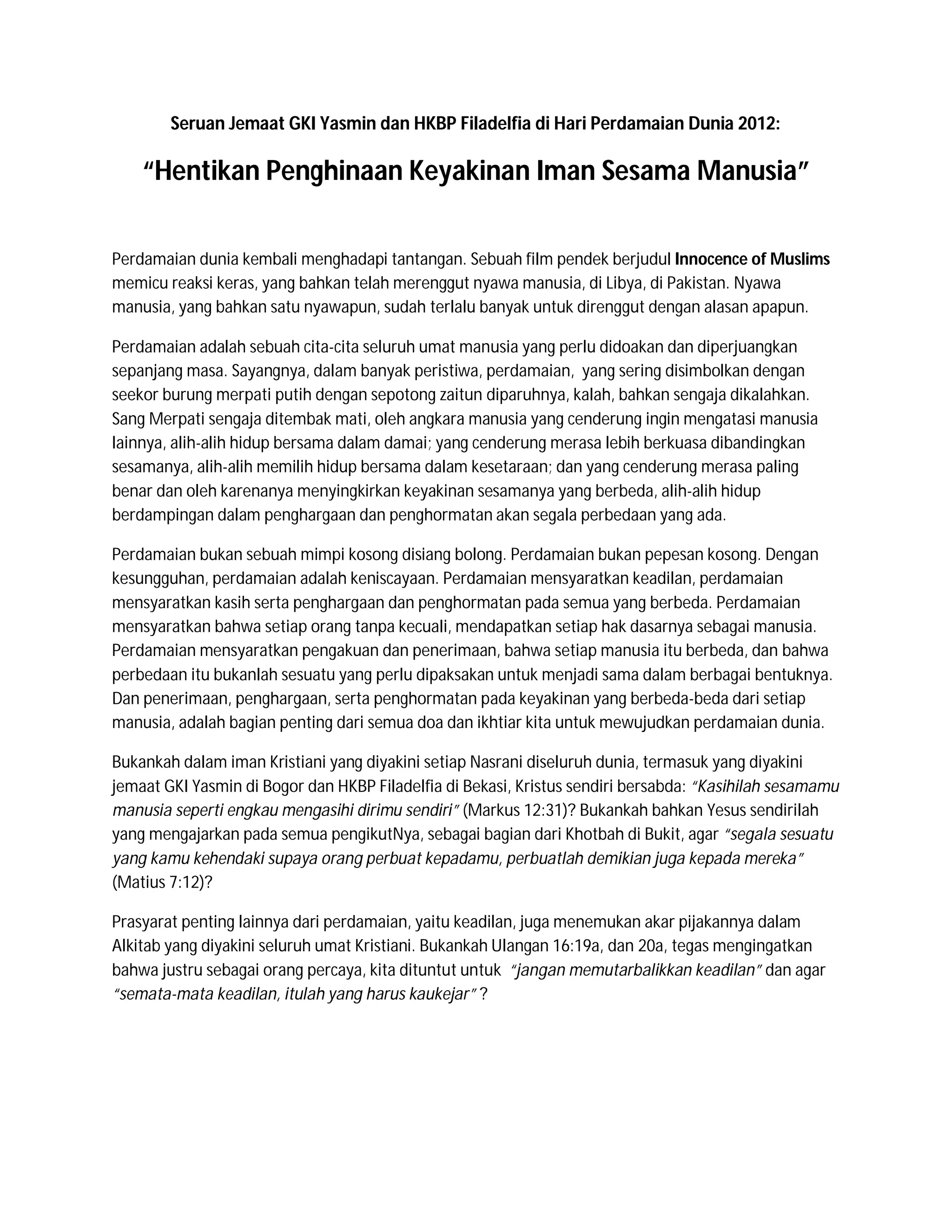 Pernyataan pers gki yasmin & hkbp filadelfia 23 september 2012 | PDF