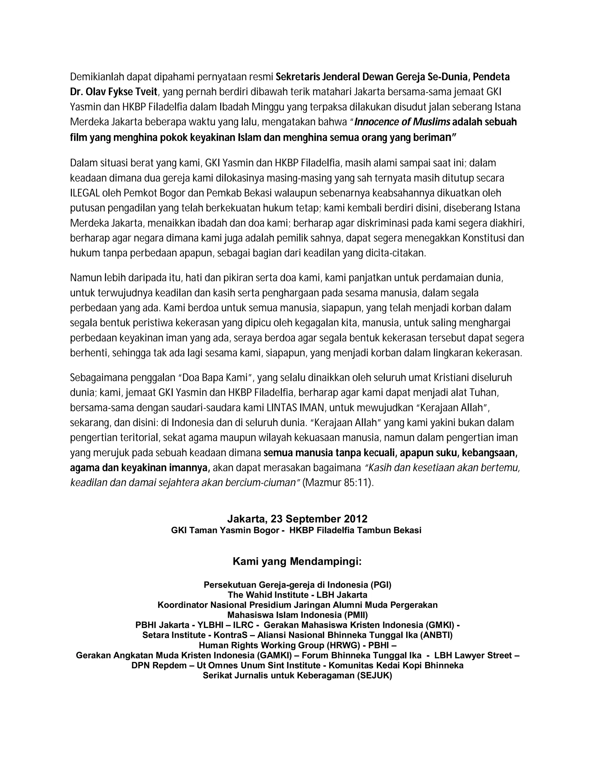 Pernyataan pers gki yasmin & hkbp filadelfia 23 september 2012 | PDF | Free Download