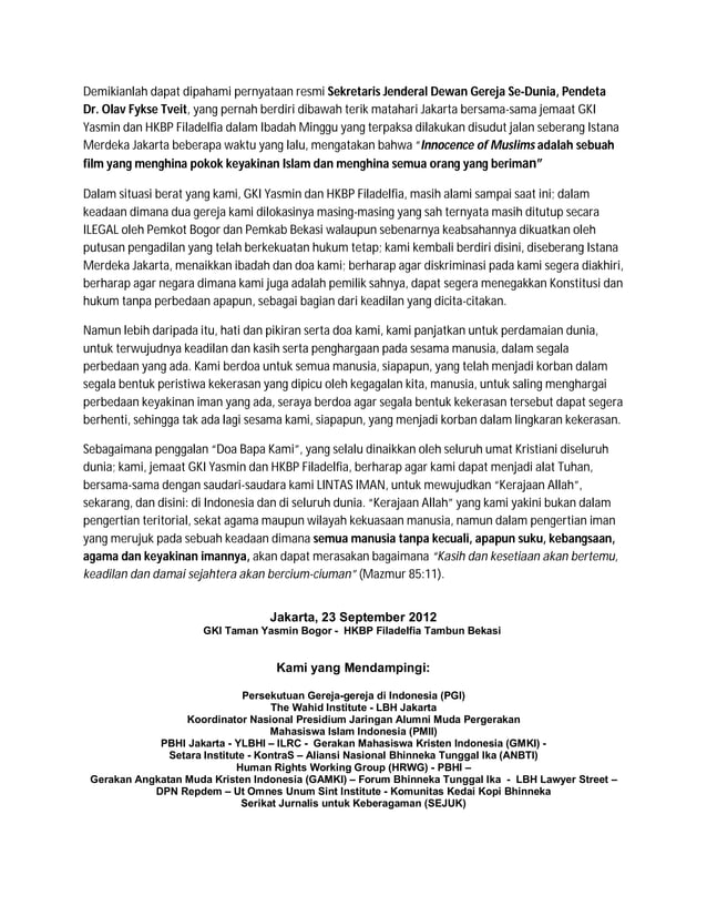 Pernyataan pers gki yasmin & hkbp filadelfia 23 september 2012 | PDF | Free Download