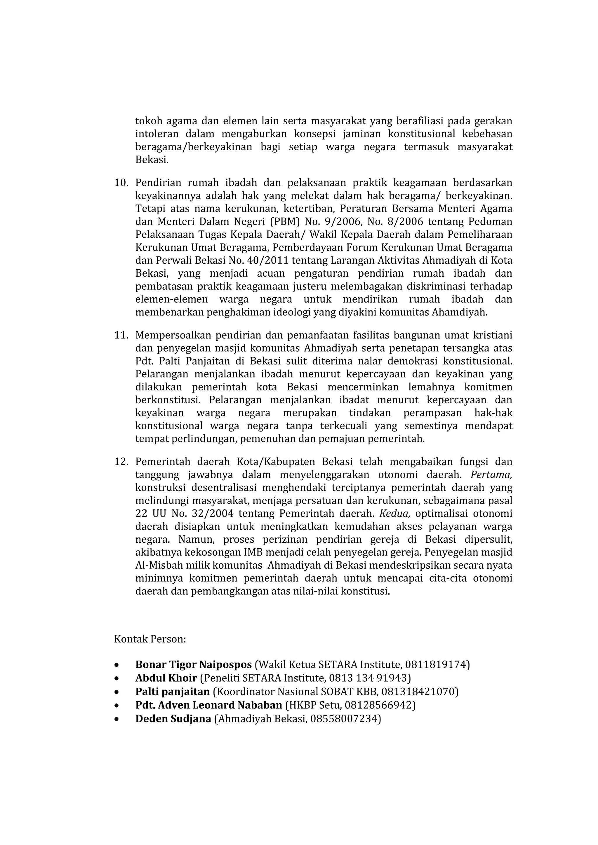 Pernyataan pers setara institute & sobat kbb 18 maret 2013 | PDF