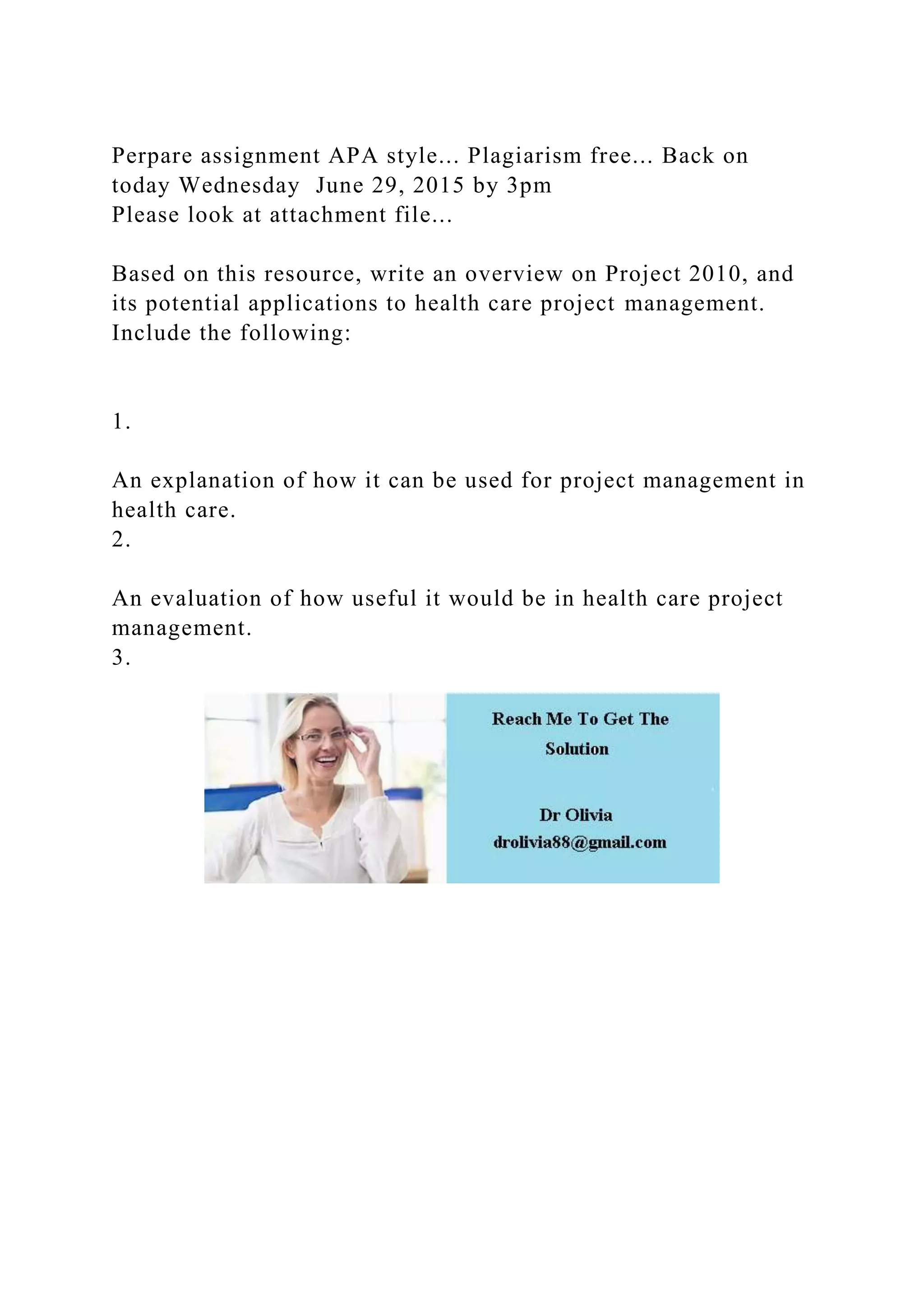 Perpare assignment APA style... Plagiarism free... Back on today Wed.docx