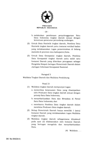 Peraturan Presiden (PERPRES) Nomor 39 Tahun 2019 Satu Data Indonesia | PDF