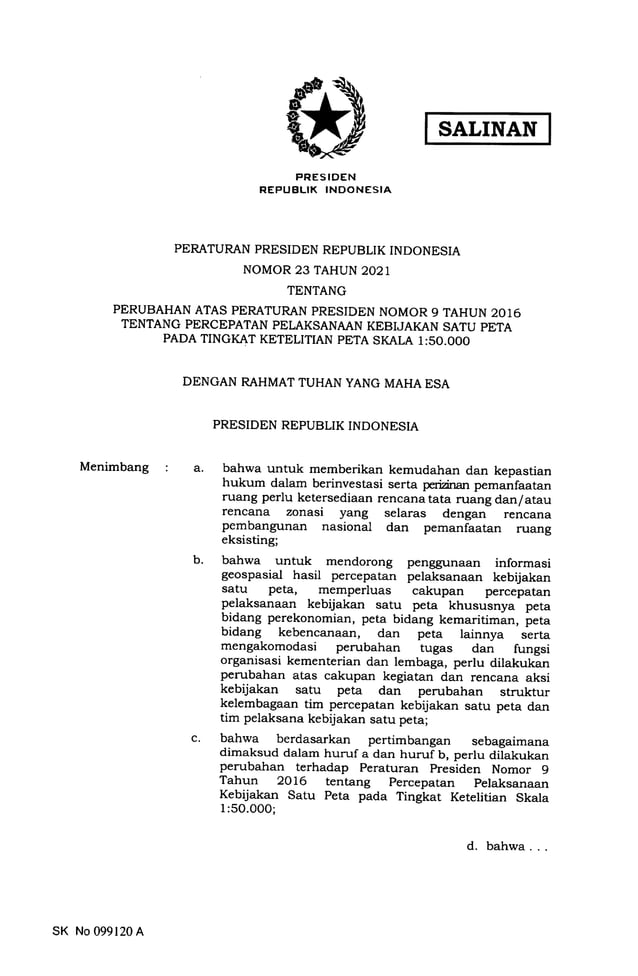 Perpres Nomor 23 Tahun 2021 Tentang Percepatan Pelaksanaan Kebijakan Satu Peta Pada Tingkat ...