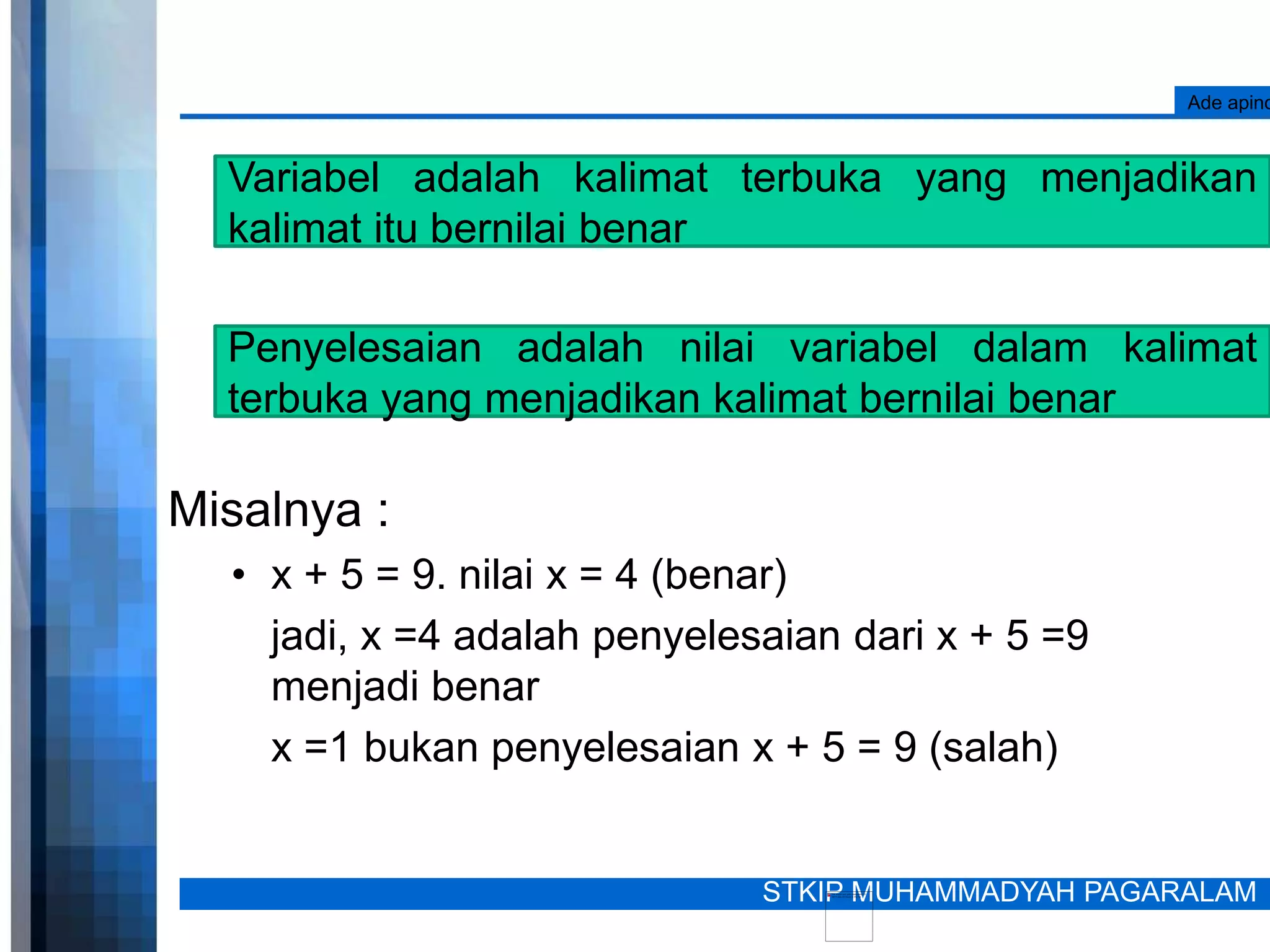 Persamaan dan pertidaksamaan linier satu variabel | PPTX