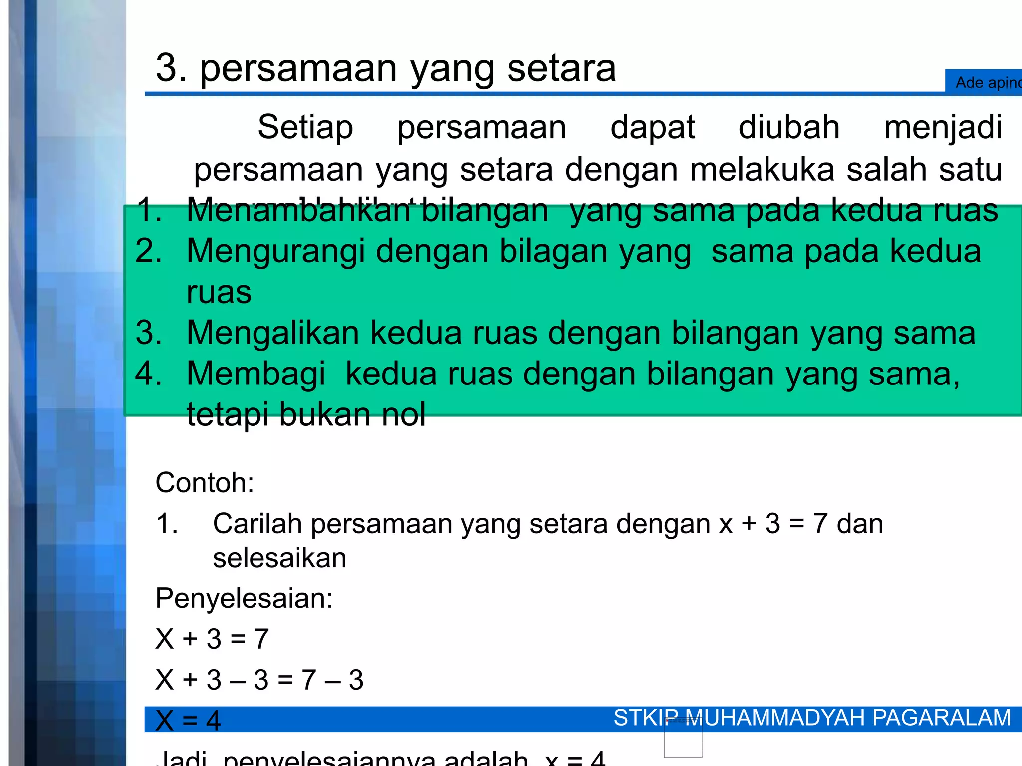 Persamaan dan pertidaksamaan linier satu variabel | PPTX