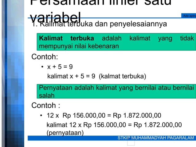 Persamaan dan pertidaksamaan linier satu variabel | PPTX
