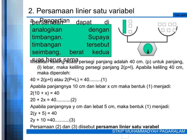 Persamaan dan pertidaksamaan linier satu variabel | PPTX