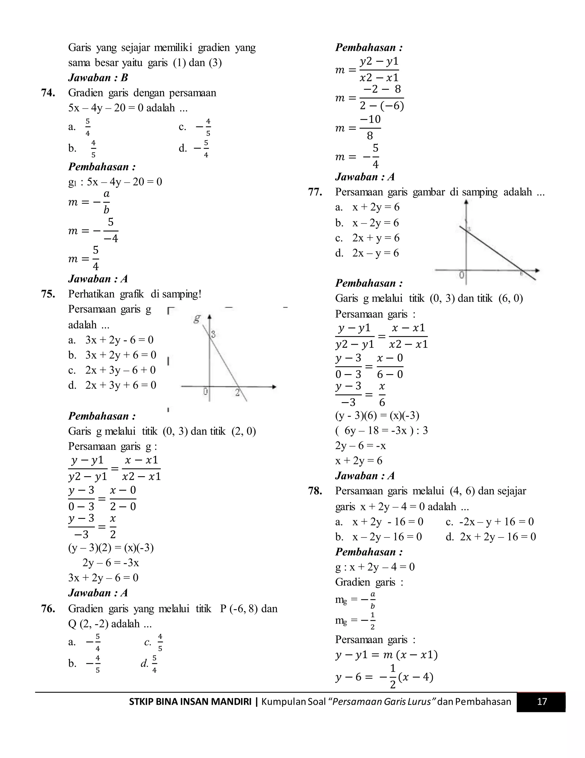 Kumpulan Soal Persamaan Garis Lurus Beserta Pembahasannya | DOCX