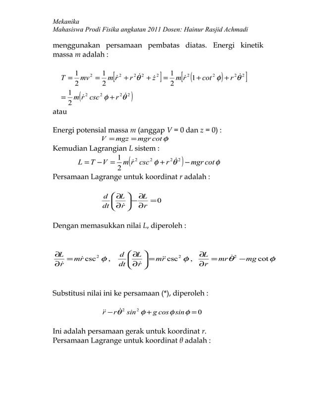 Persamaan lagrange dan hamilton | DOC
