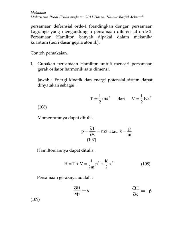 Persamaan lagrange dan hamilton | DOC