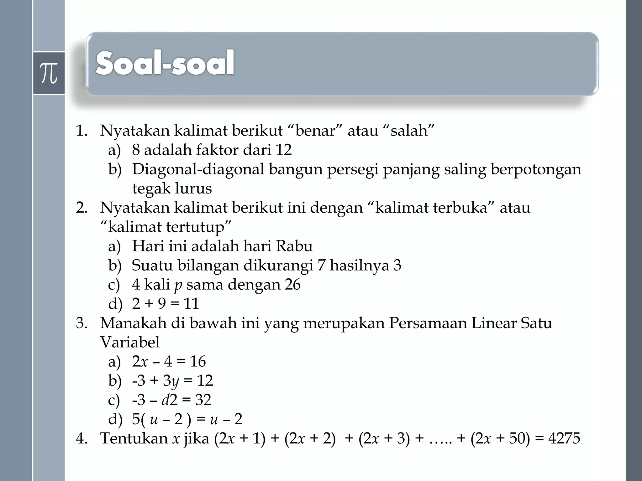 Persamaan linear satu variabel | PPTX