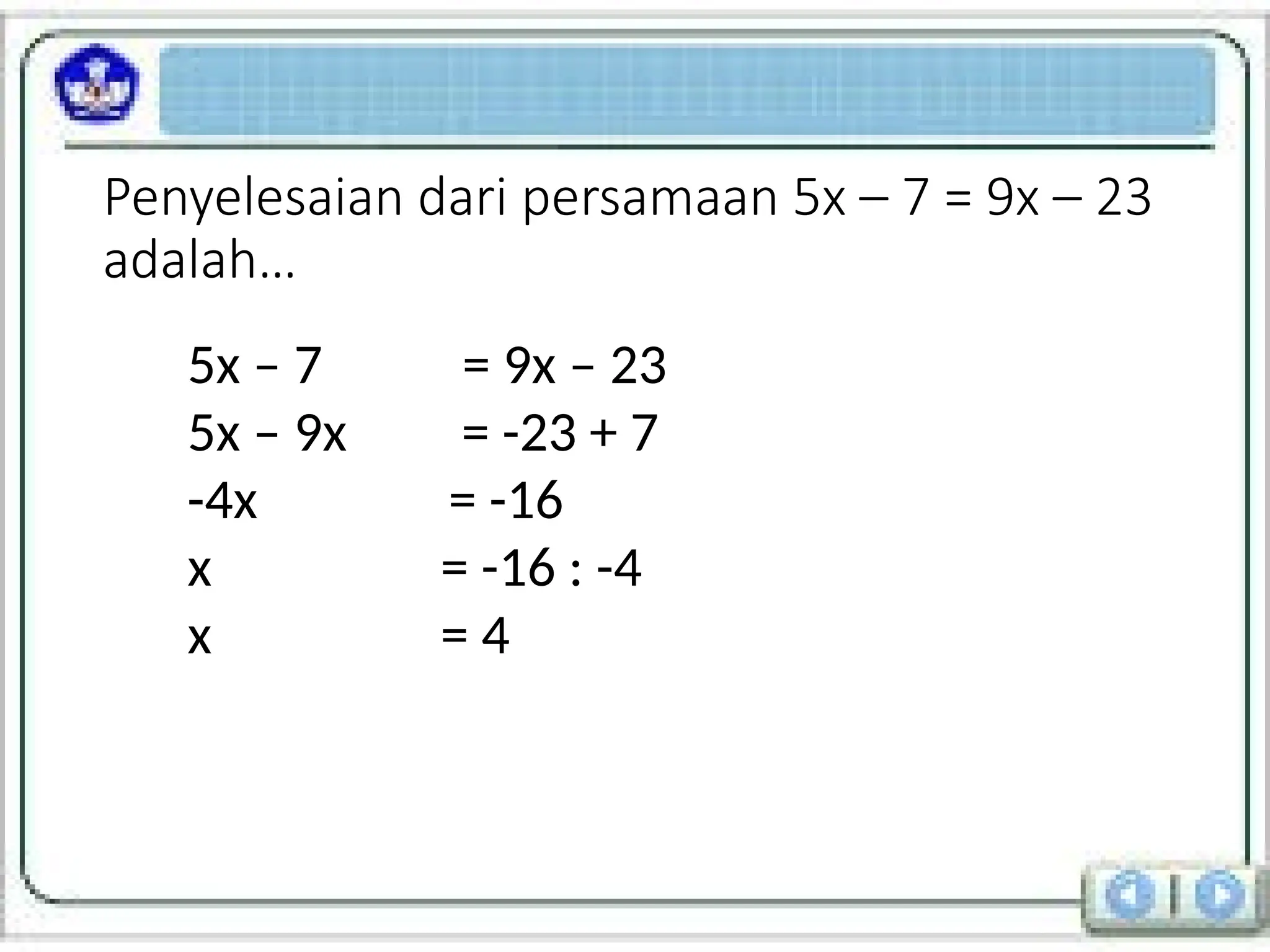 PPT pembelajaran matematika yang berjudul persamaan linear satu ...