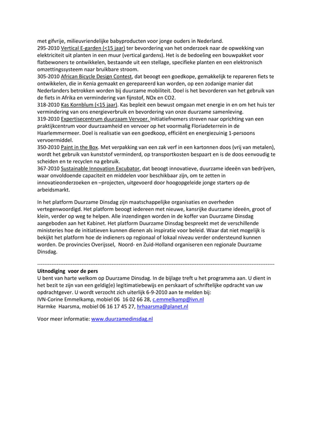 Persbericht genomineerden duurzame dinsdag 2010 30 augustus 2010 | PDF