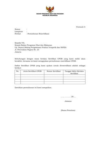Peraturan Kepala Badan POM tentang sertifikasi CPOB | PDF