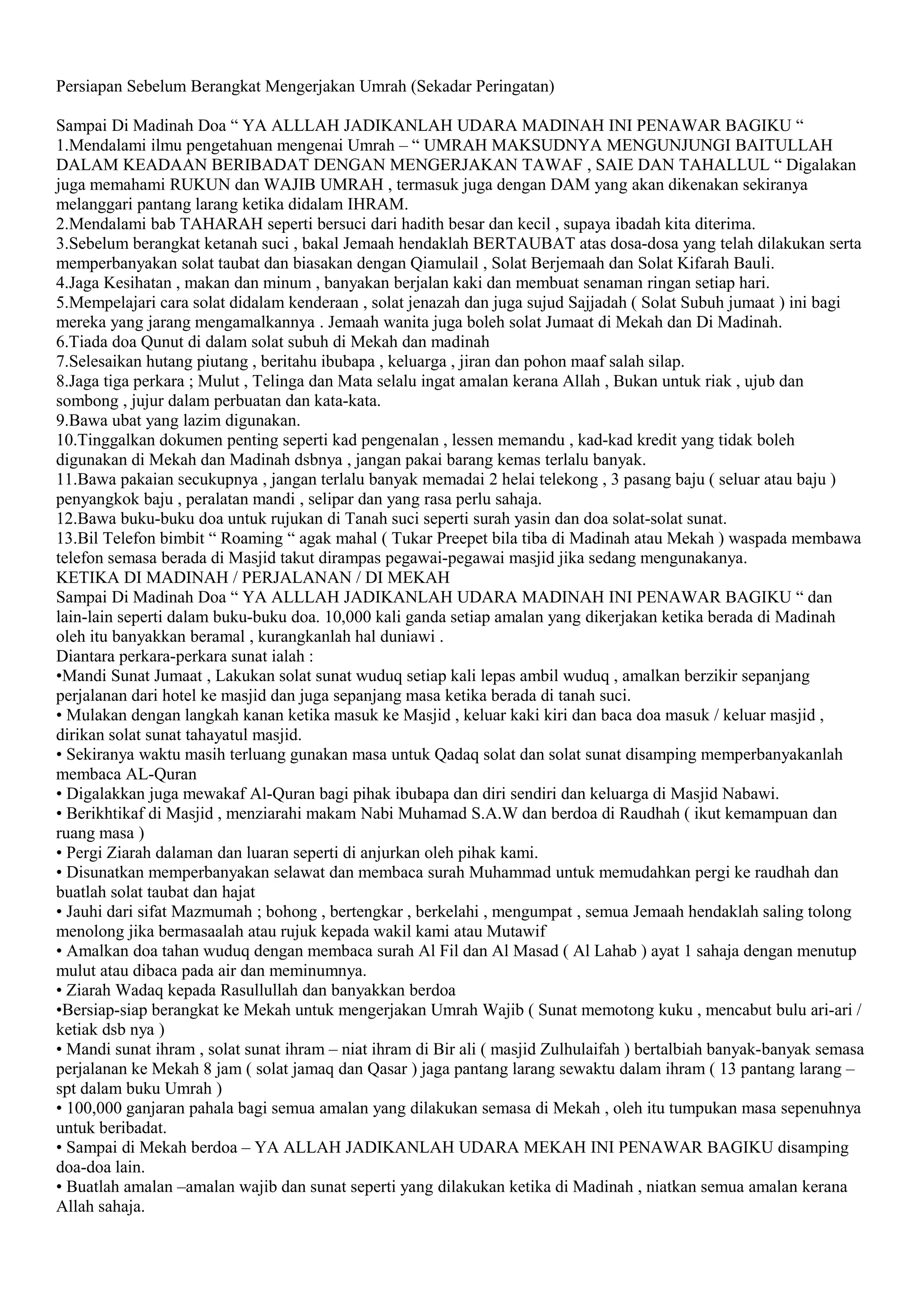 Persiapan sebelum berangkat mengerjakan umrah | DOC