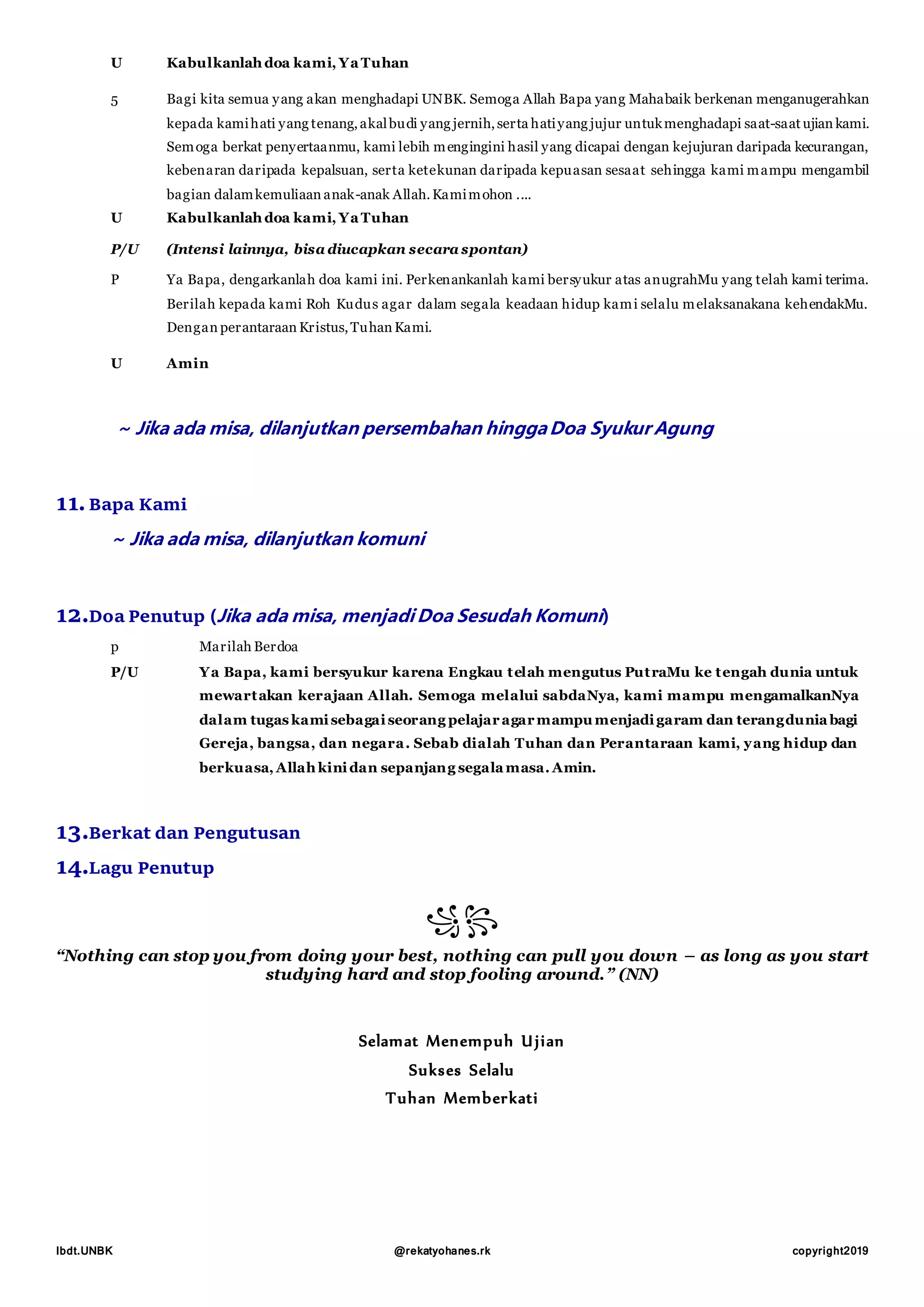 Contoh Teks Ibadat/Misa Perutusan Ujian Nasional (Katolik) | DOCX