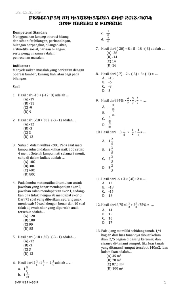 Persiapan un matematika smp 2013 | PDF