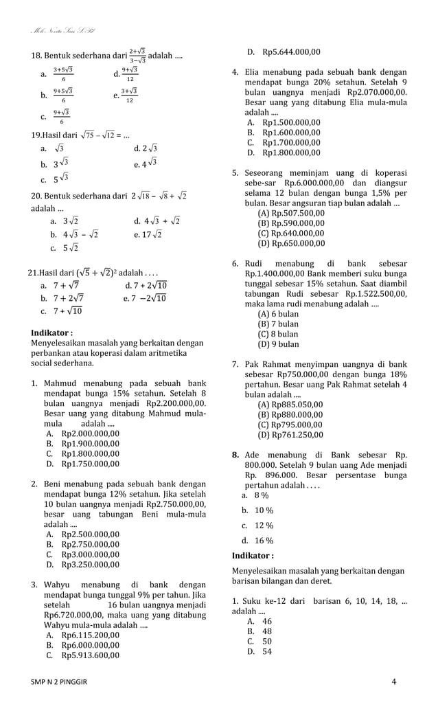 Persiapan un matematika smp 2013 | PDF