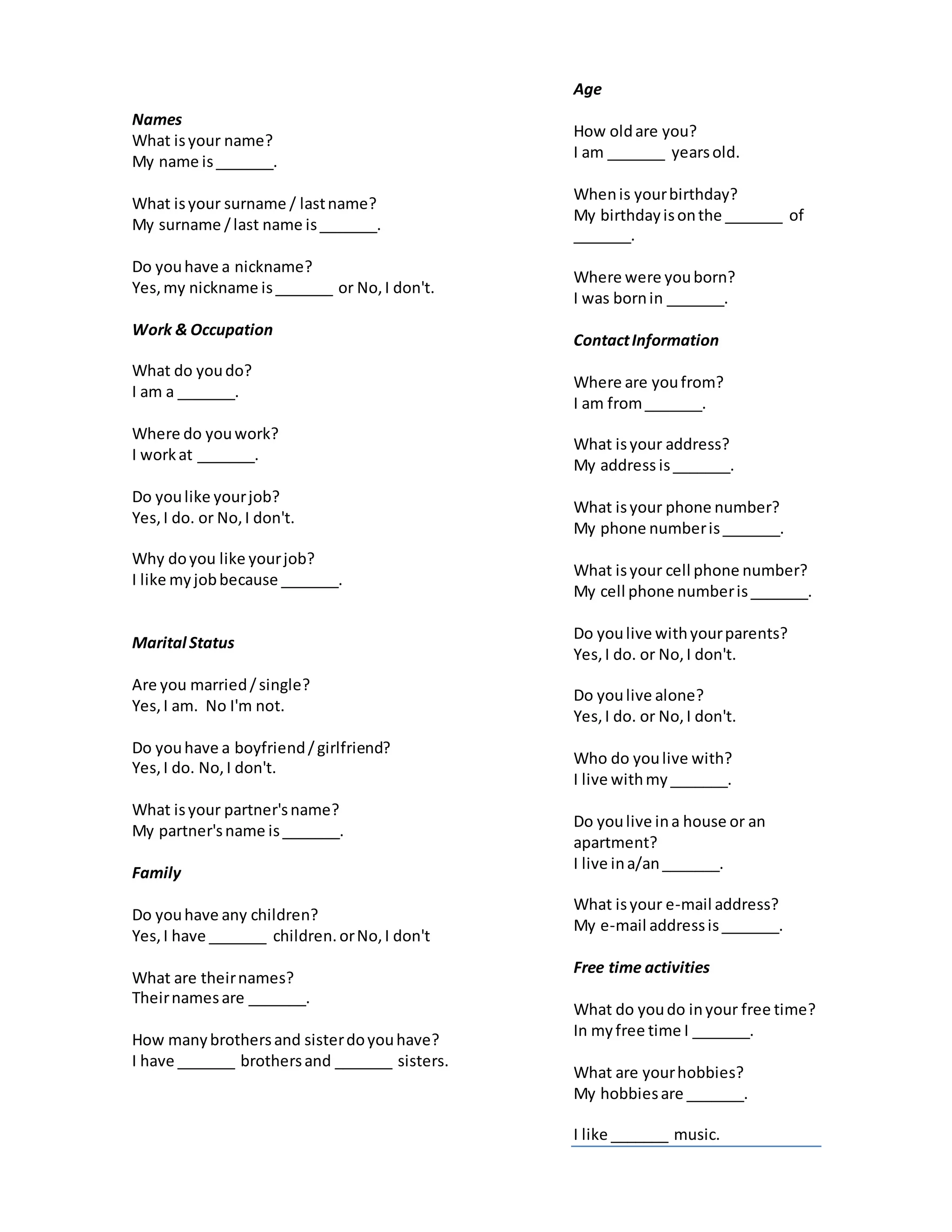 introductions and personal and familiar information EFL | DOCX