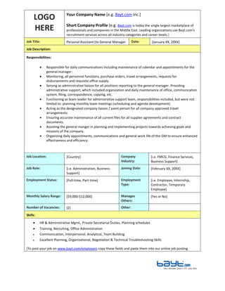 Personal Assistant Job Description Template by Bayt.com