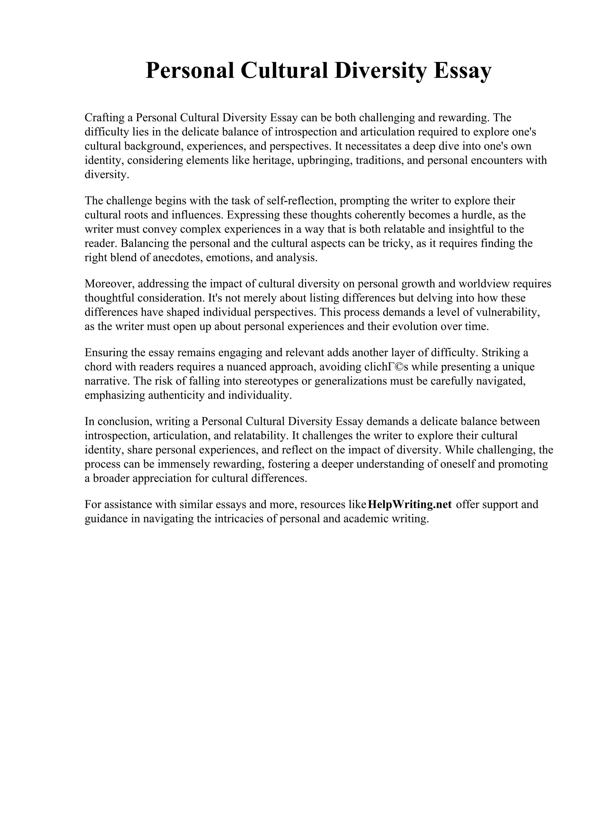 Personal Cultural Diversity Essay. St. Ambrose University | PDF