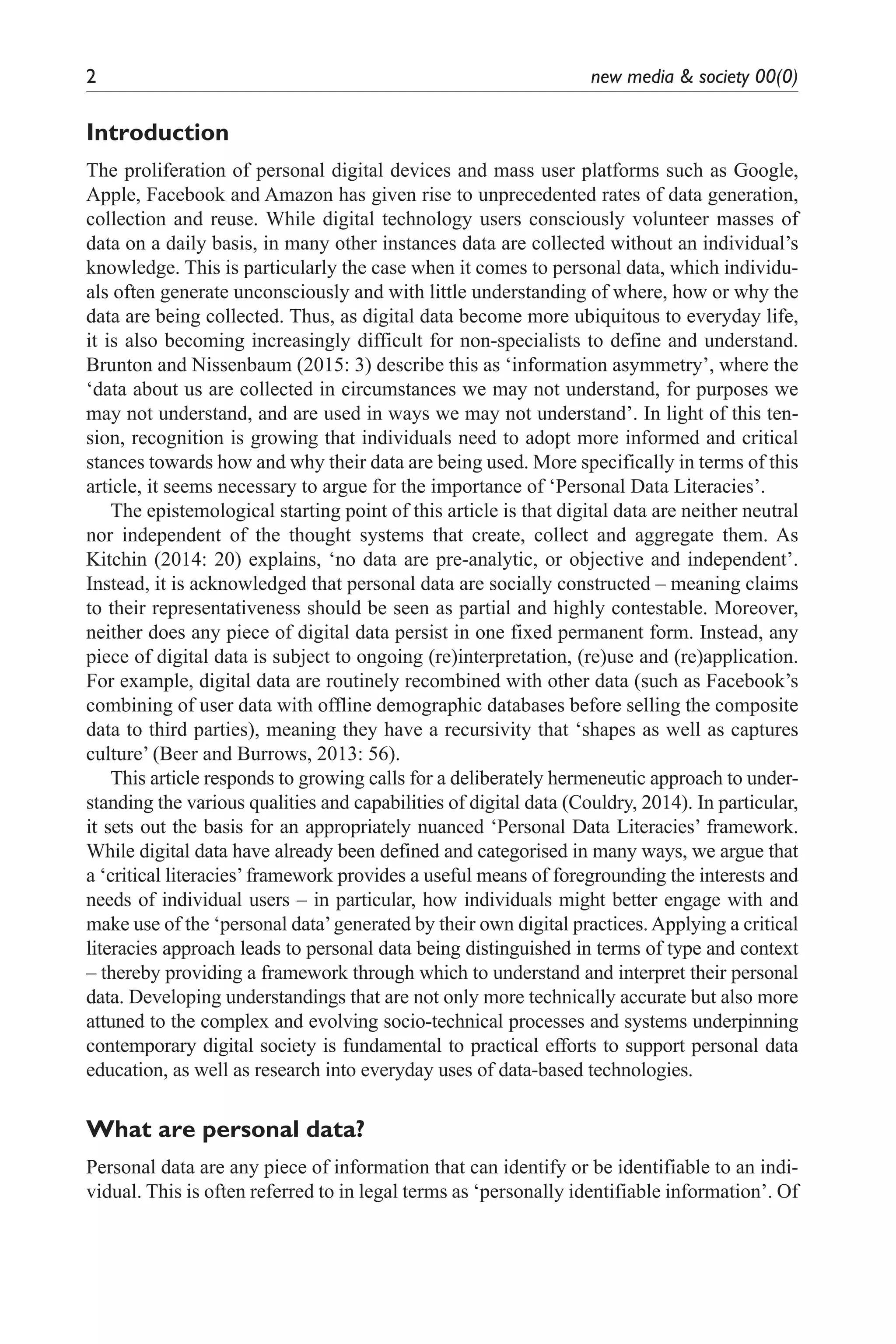 ‘Personal data literacies’: A critical literacies approach to enhancing understandings of ...