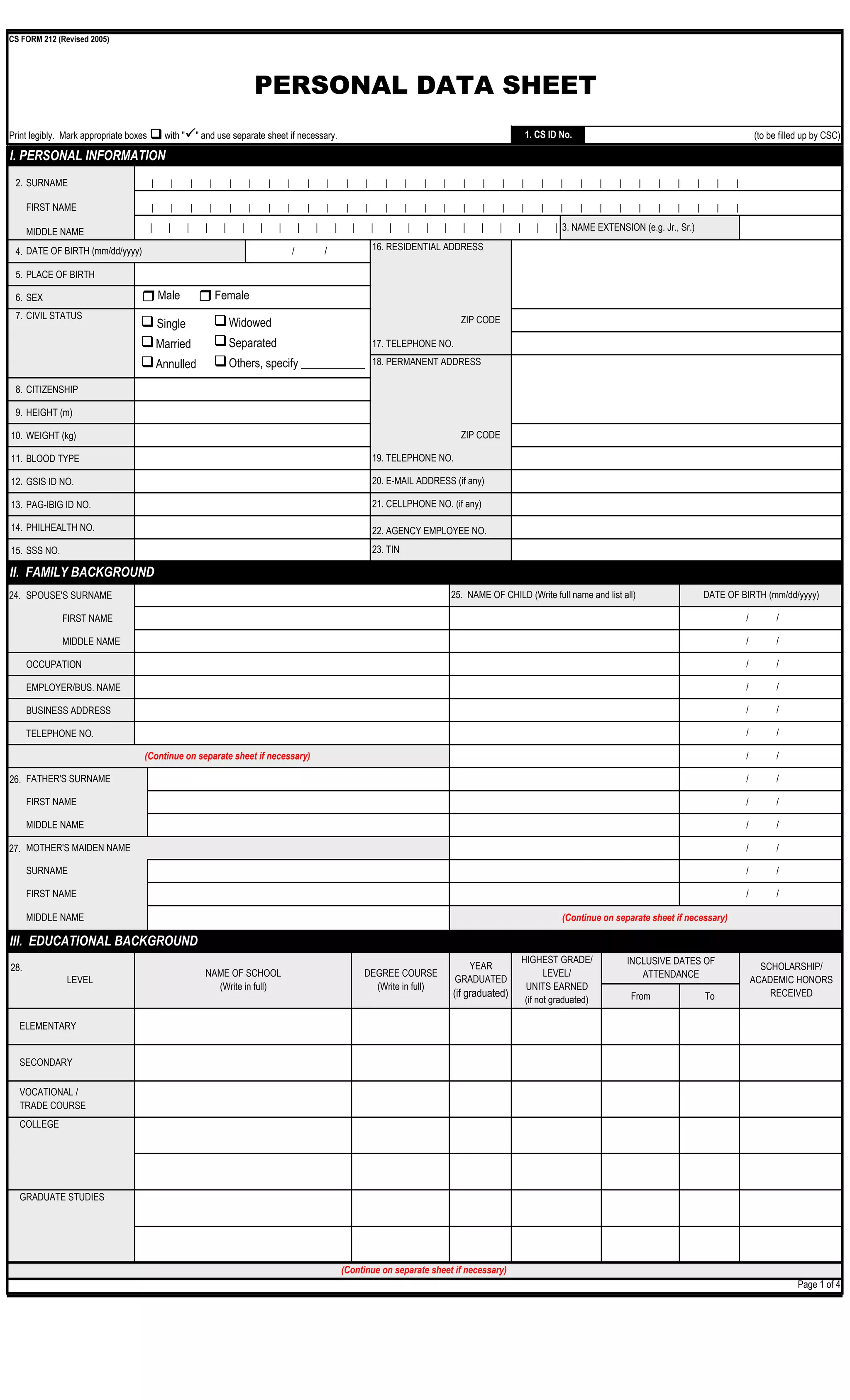 Personal data sheet (pds) 2005 revised | PDF