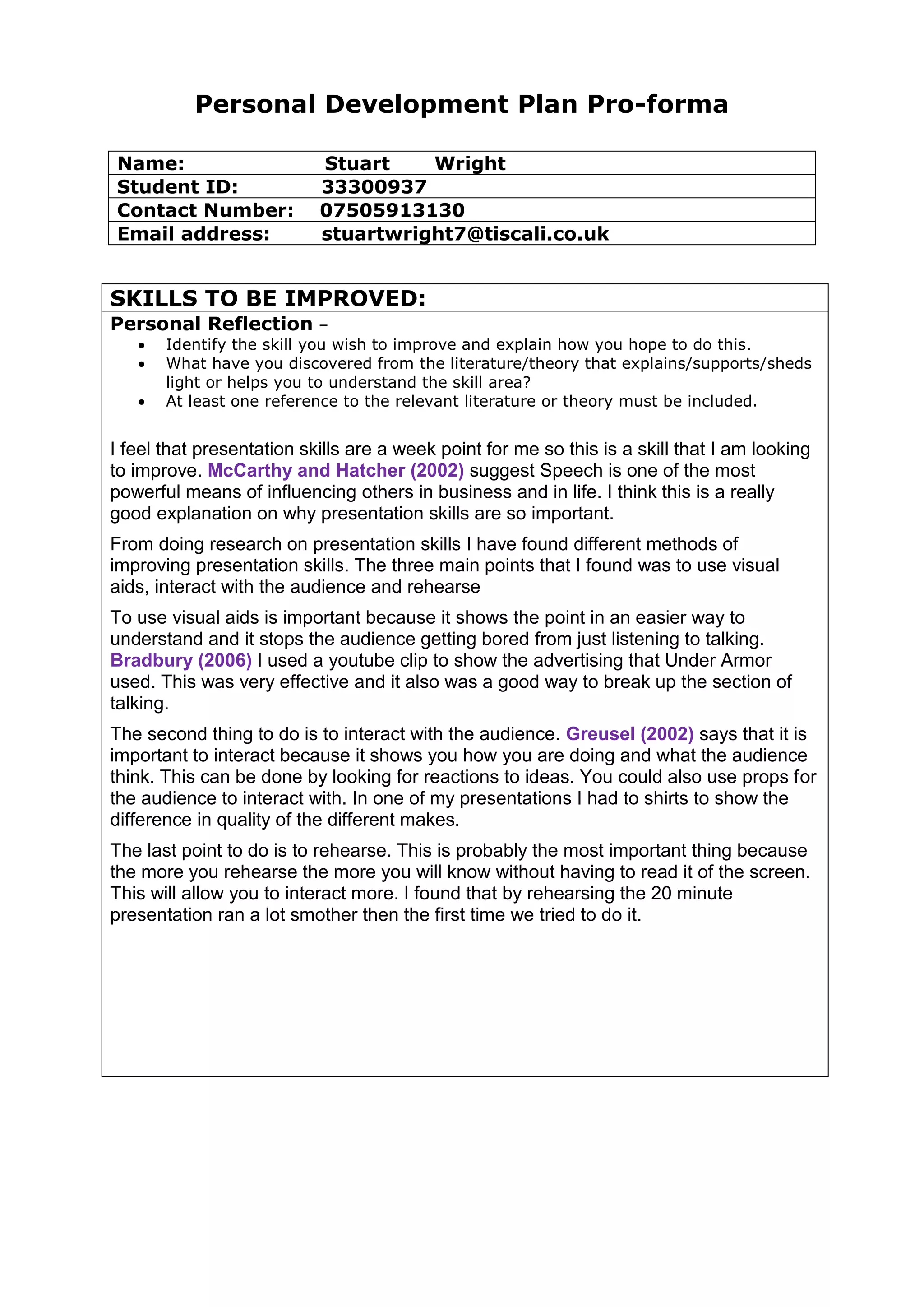 Personal development plan pro forma and action plan dec 2010 | DOCX