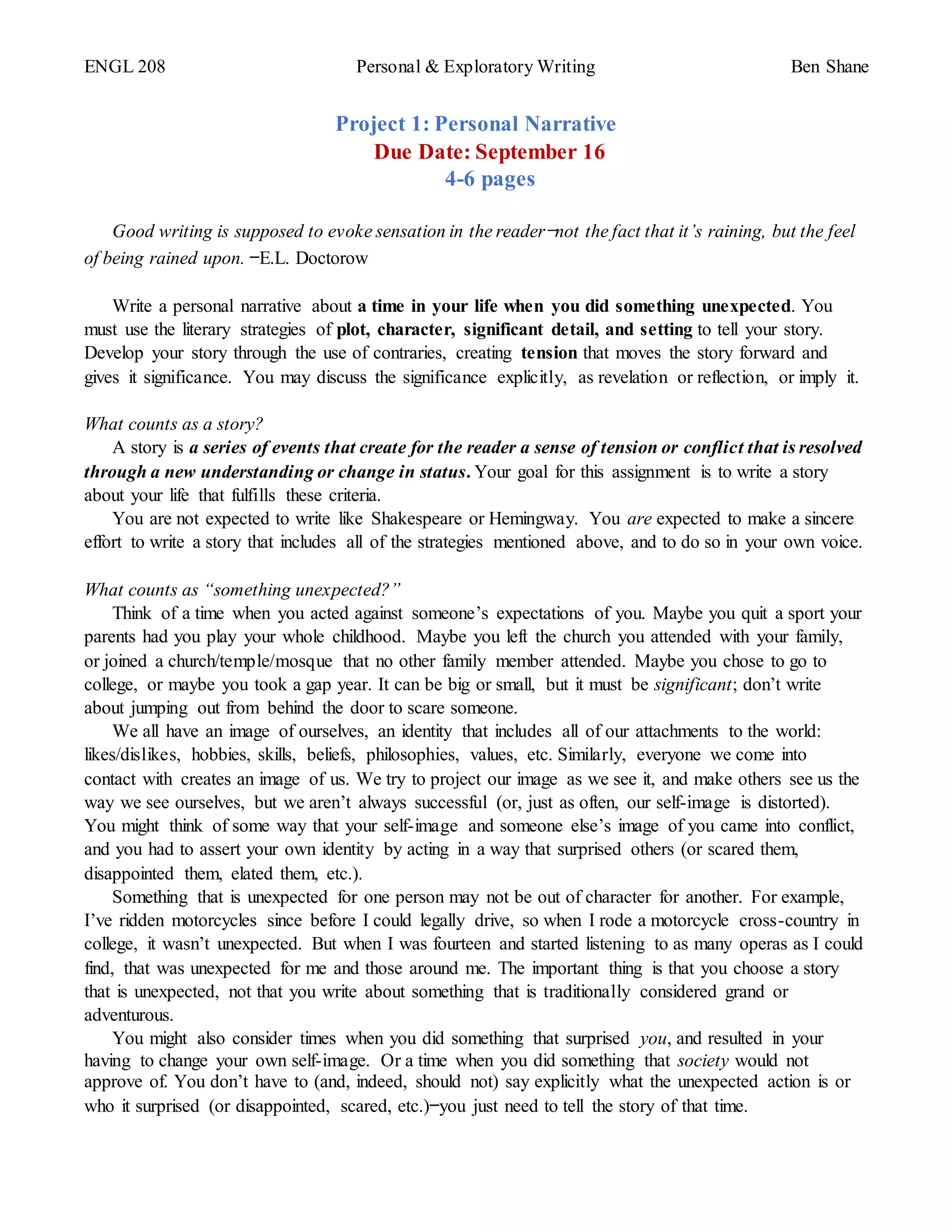 Personal Narrative Assignment Sheet | DOCX