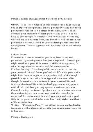 Personal Ethics and Leadership Statement (100 Points) OBJECTI.docx ...