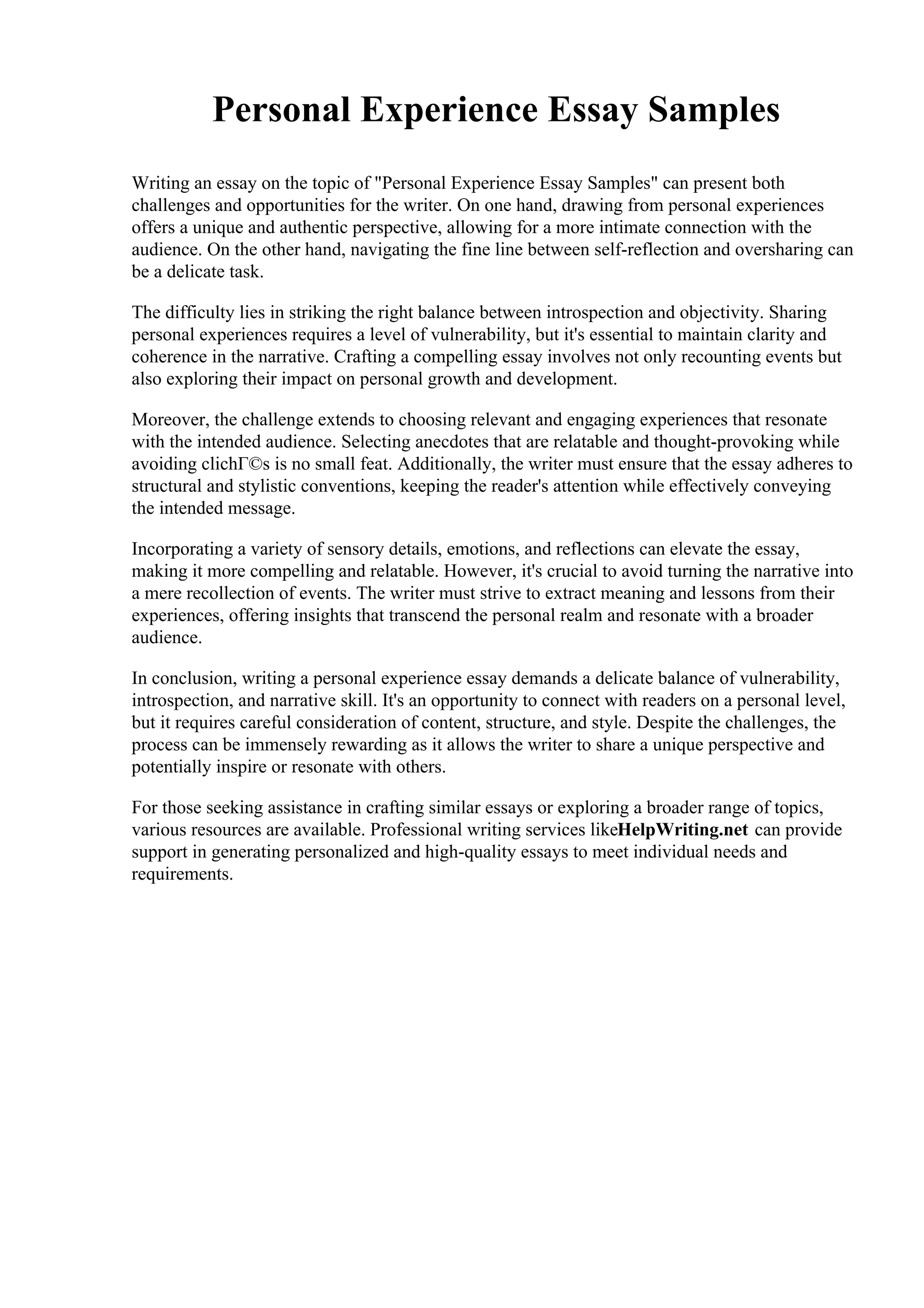 Personal Experience Essay Samples. Broward College | PDF