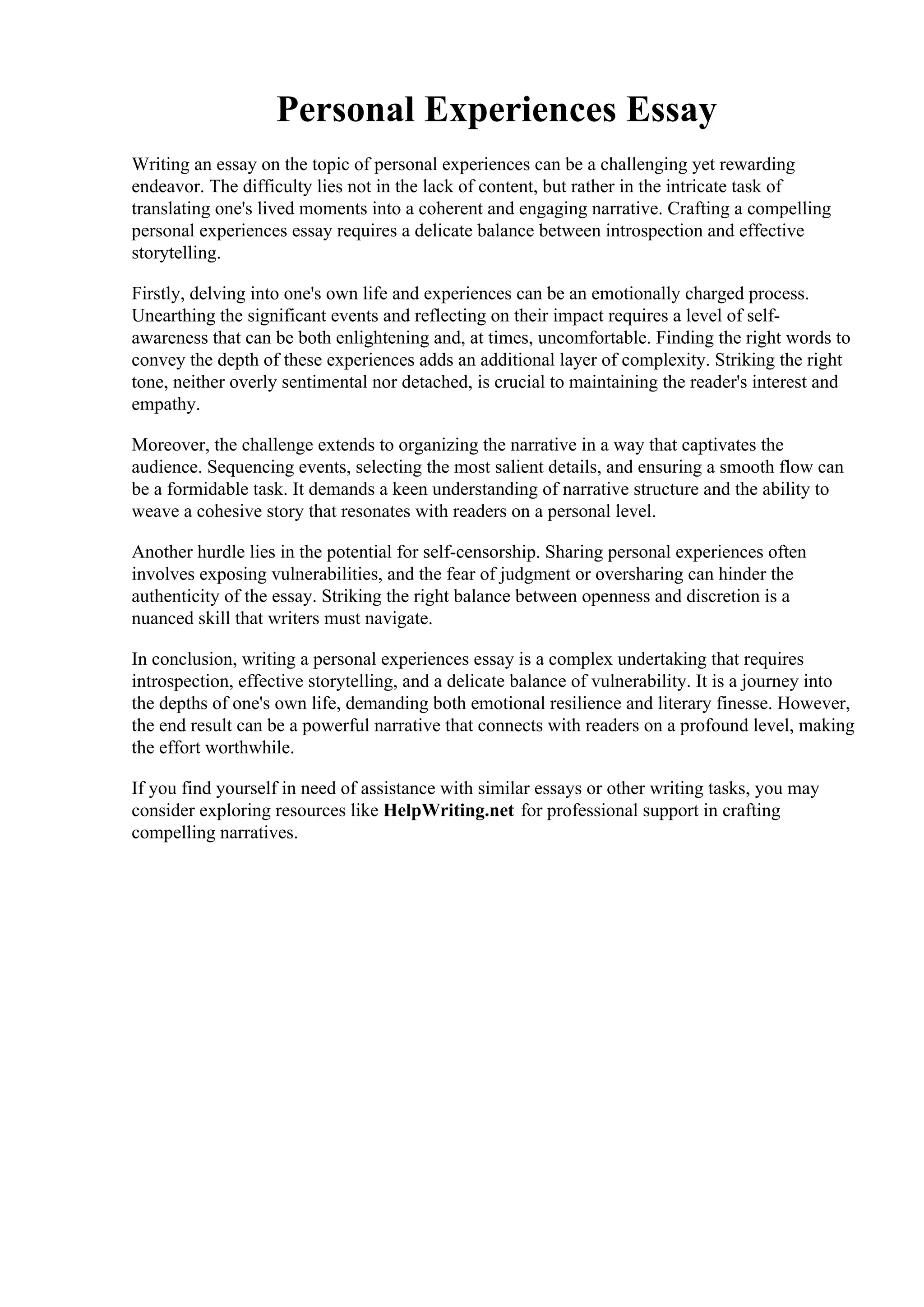 Personal Experiences Essay. 004 Essay Example Personal Experience ...