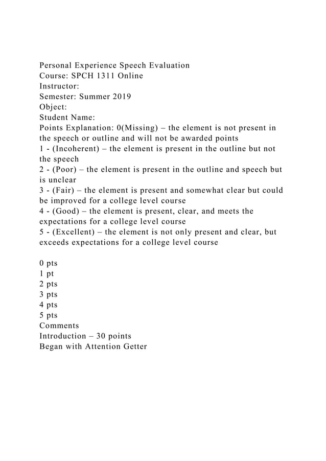 Personal Experience Speech EvaluationCourse SPCH 1311 OnlineI.docx Personal Experience Speech EvaluationCourse SPCH 1311 OnlineI.docx