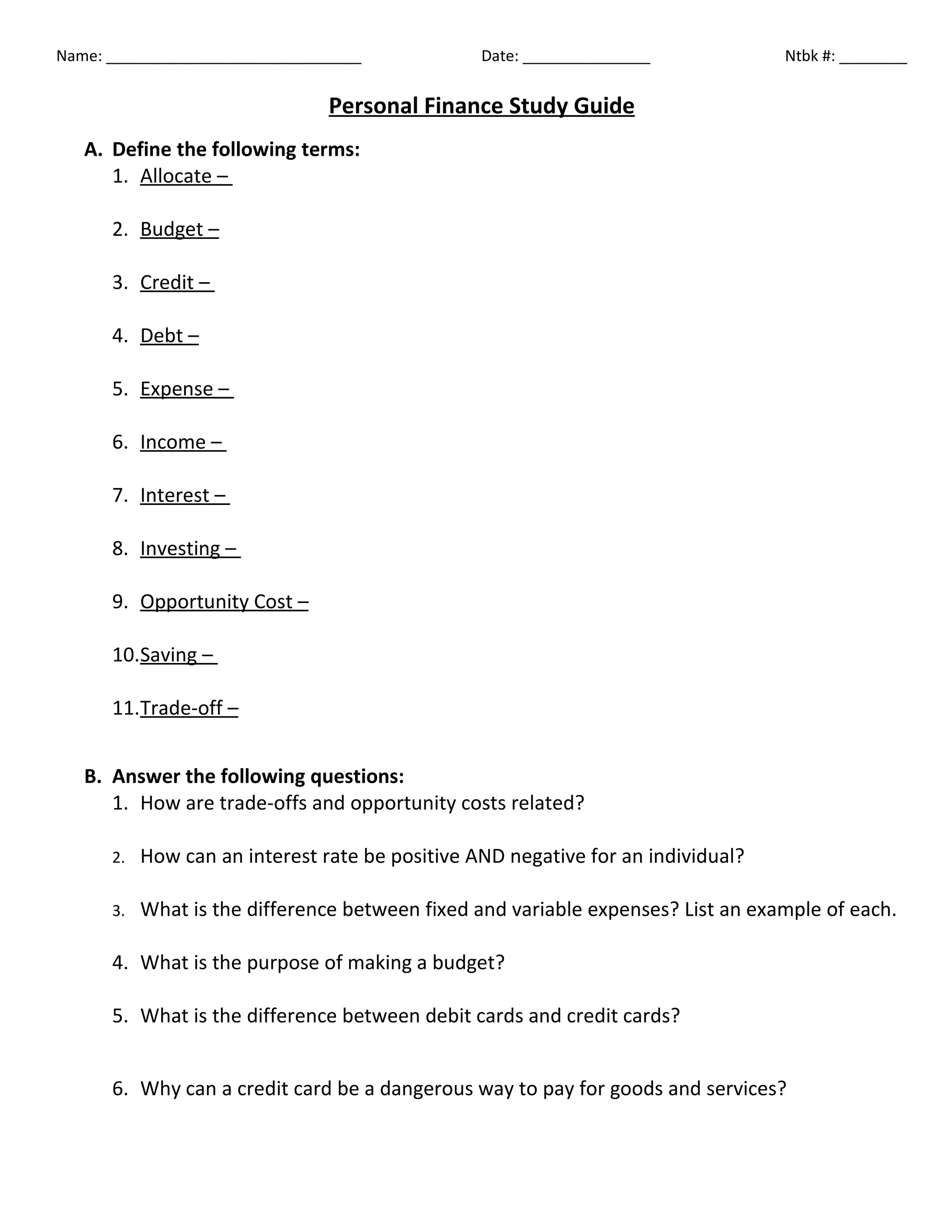 Personal finance study guide | DOC