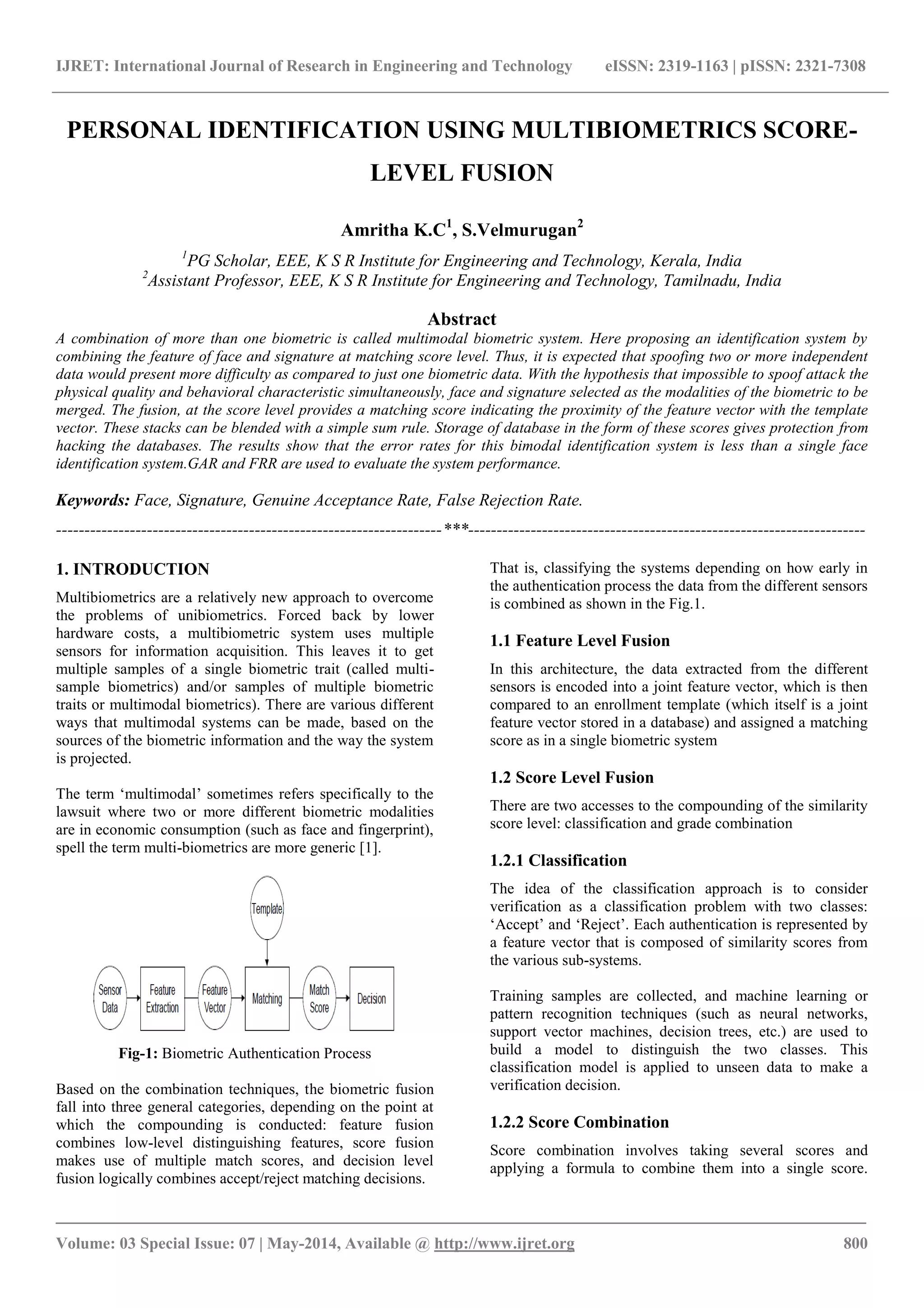 Personal Identification Using Multibiometrics Score Level Fusion Pdf Computing Technology