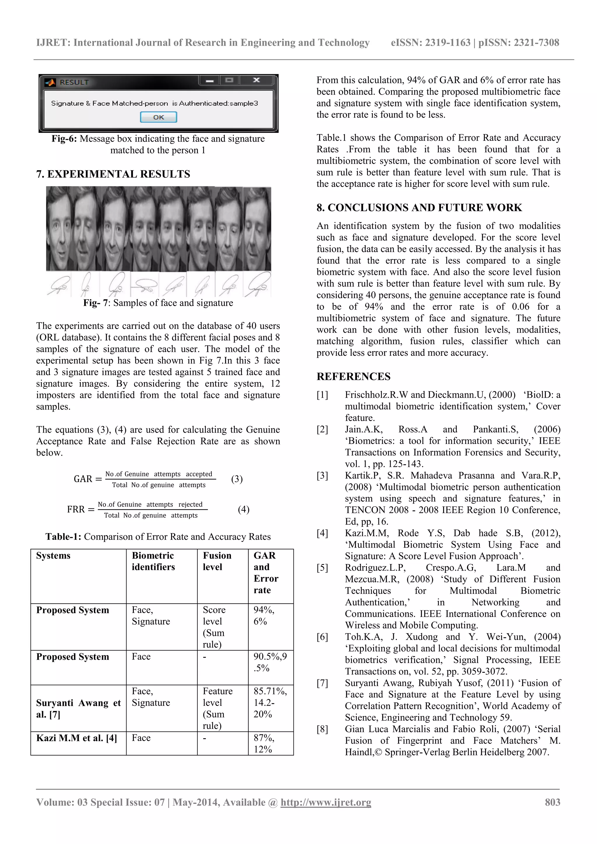 Personal Identification Using Multibiometrics Score Level Fusion Pdf Computing Technology