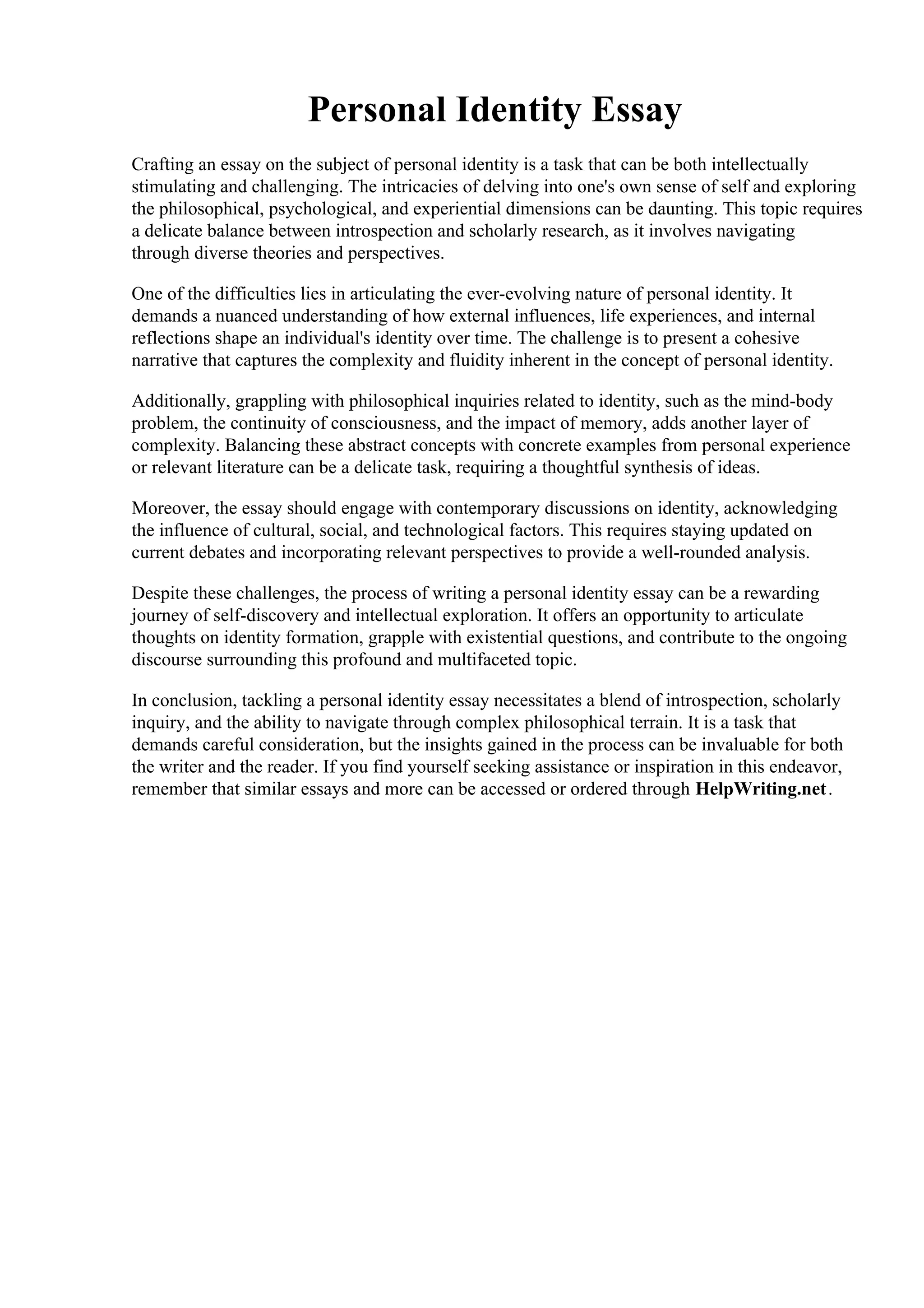 Personal Identity Essay. Reflective Essay: What is identity essay | PDF