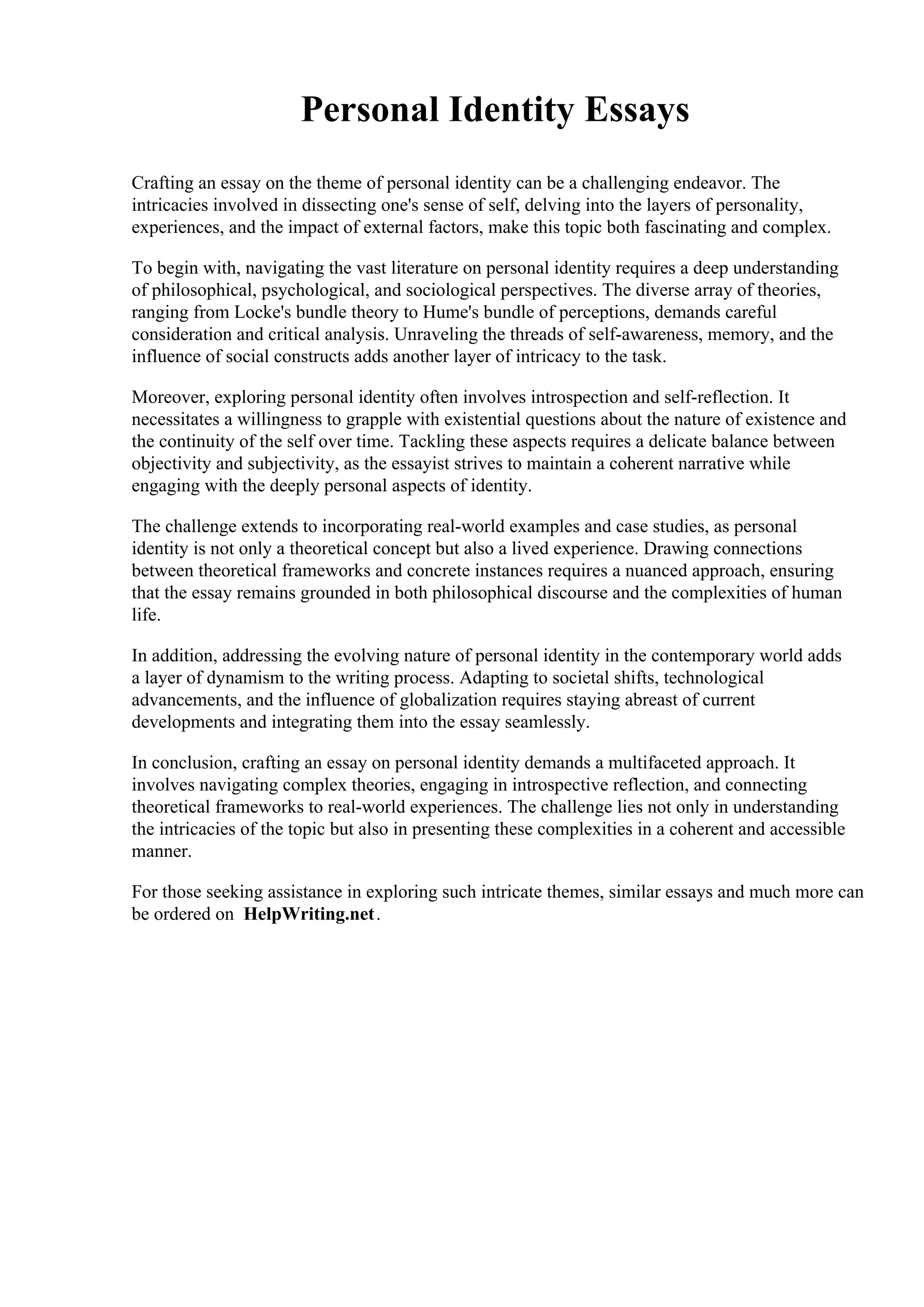 Personal Identity Essays. Schiller International University | PDF