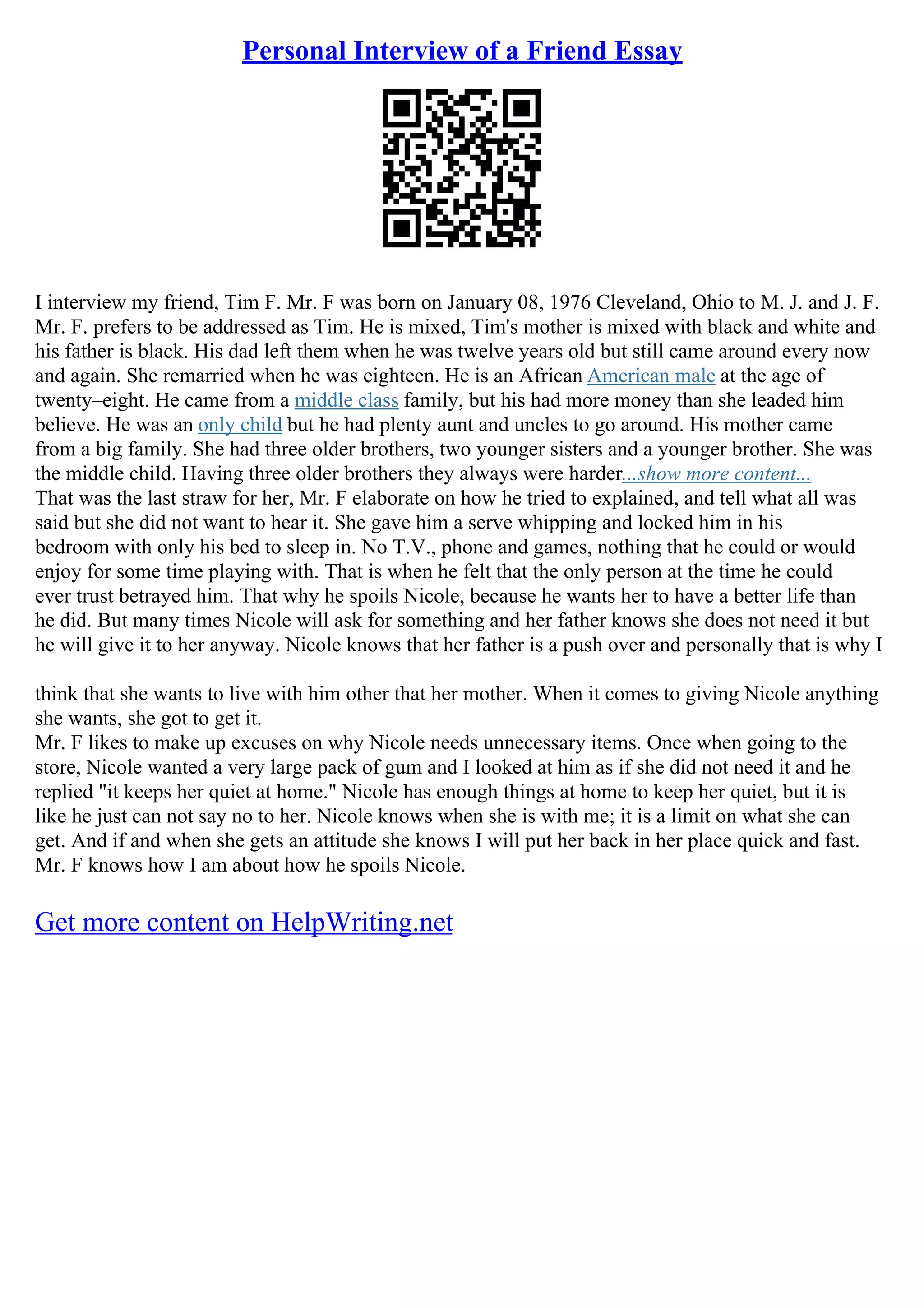 Personal Interview Of A Friend Essay | PDF