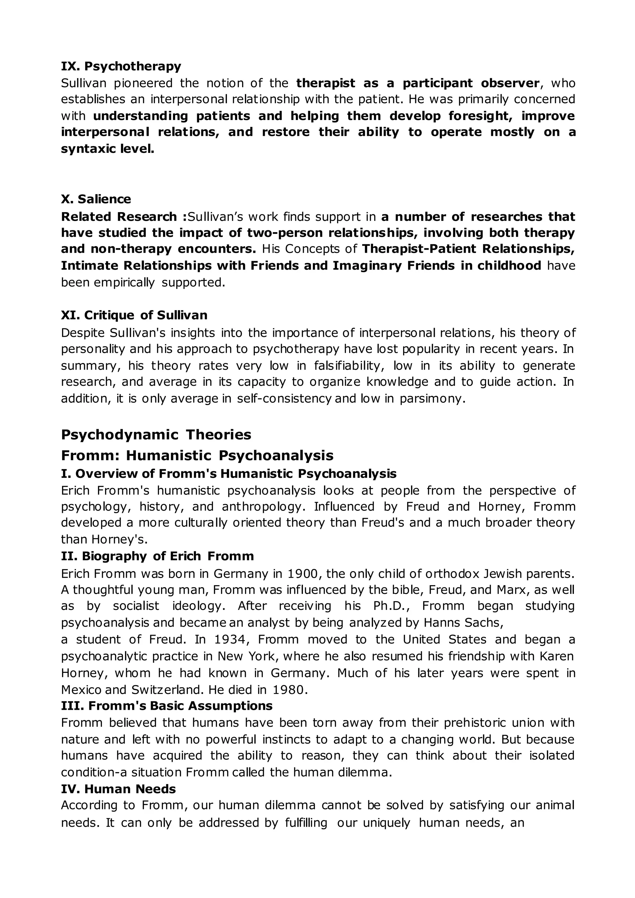 Psychodynamic Theories - Sullivan Interpersonal Theory & Fromm ...