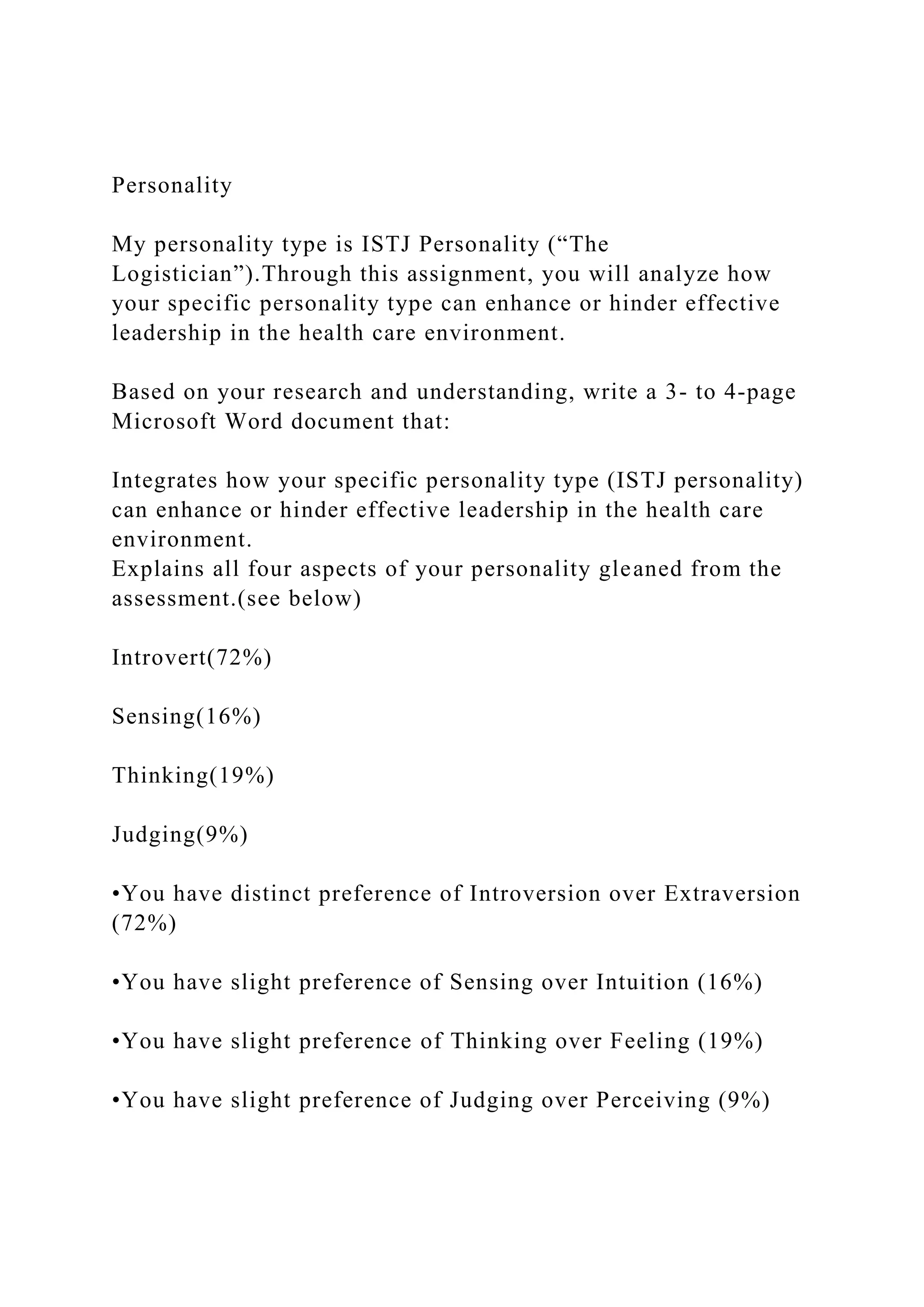 PersonalityMy personality type is ISTJ Personality (The Logis.docx