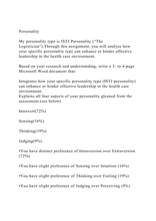 PersonalityMy personality type is ISTJ Personality (The Logis.docx